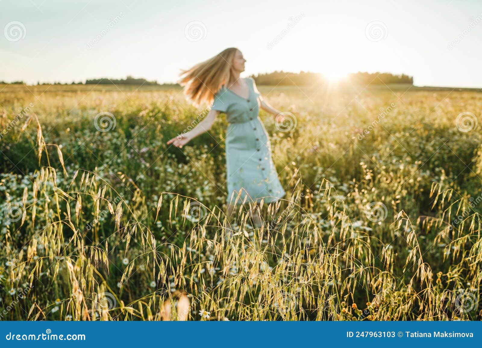 Woman Dance in the Field on Sunset. Stock Image - Image of blurred ...
