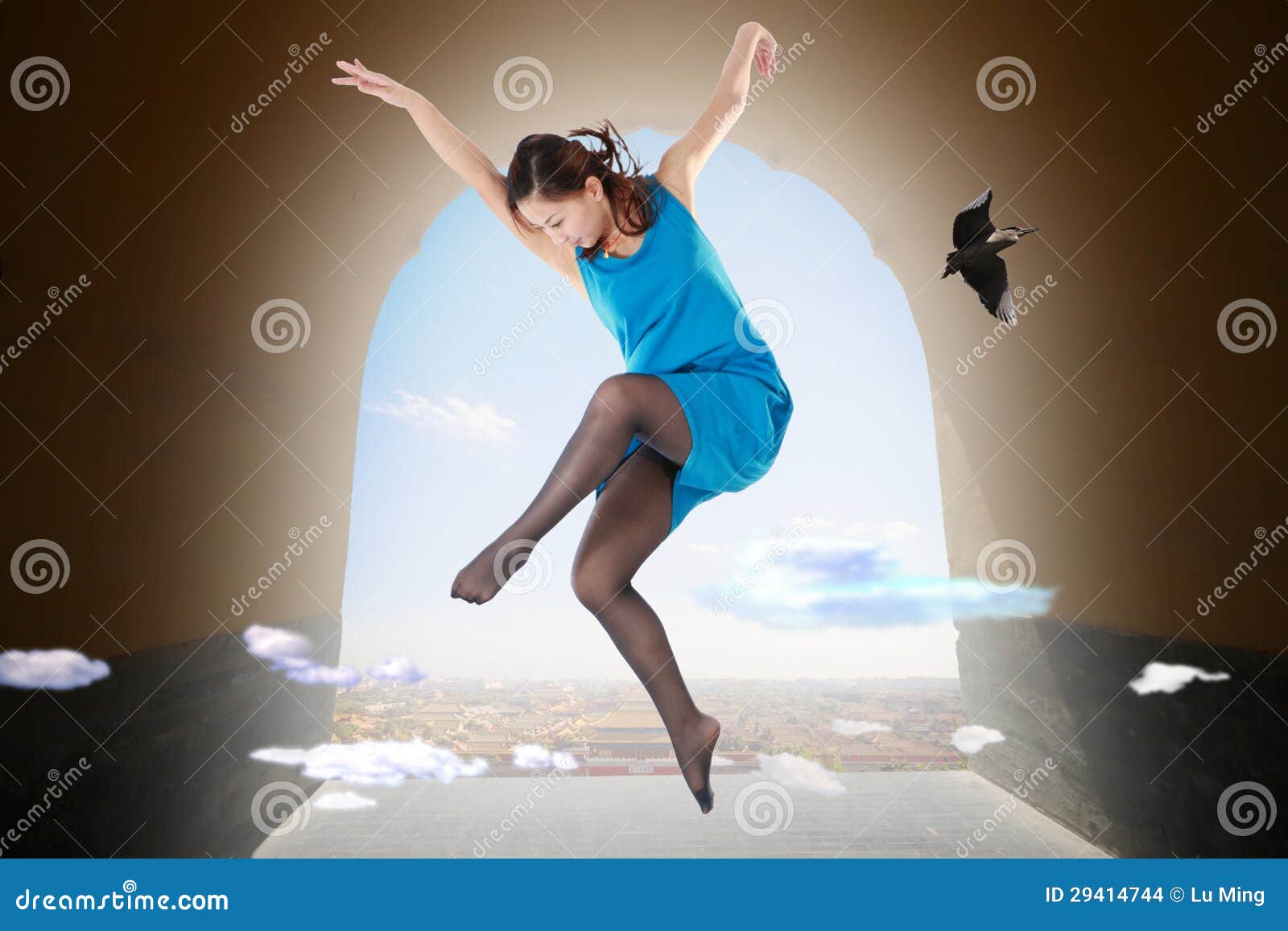 A Woman Dancer is Dancing in the Sky. Stock Photo - Image of action ...