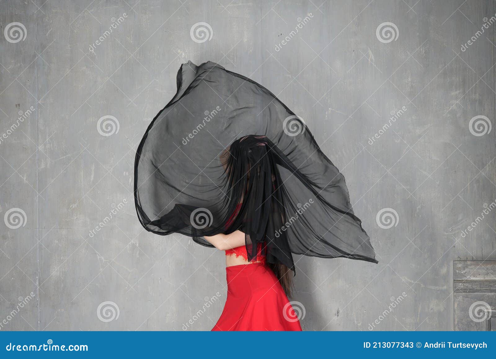 Woman Dancer, Portrait with Face Covered in Motion in Red Dress with a ...