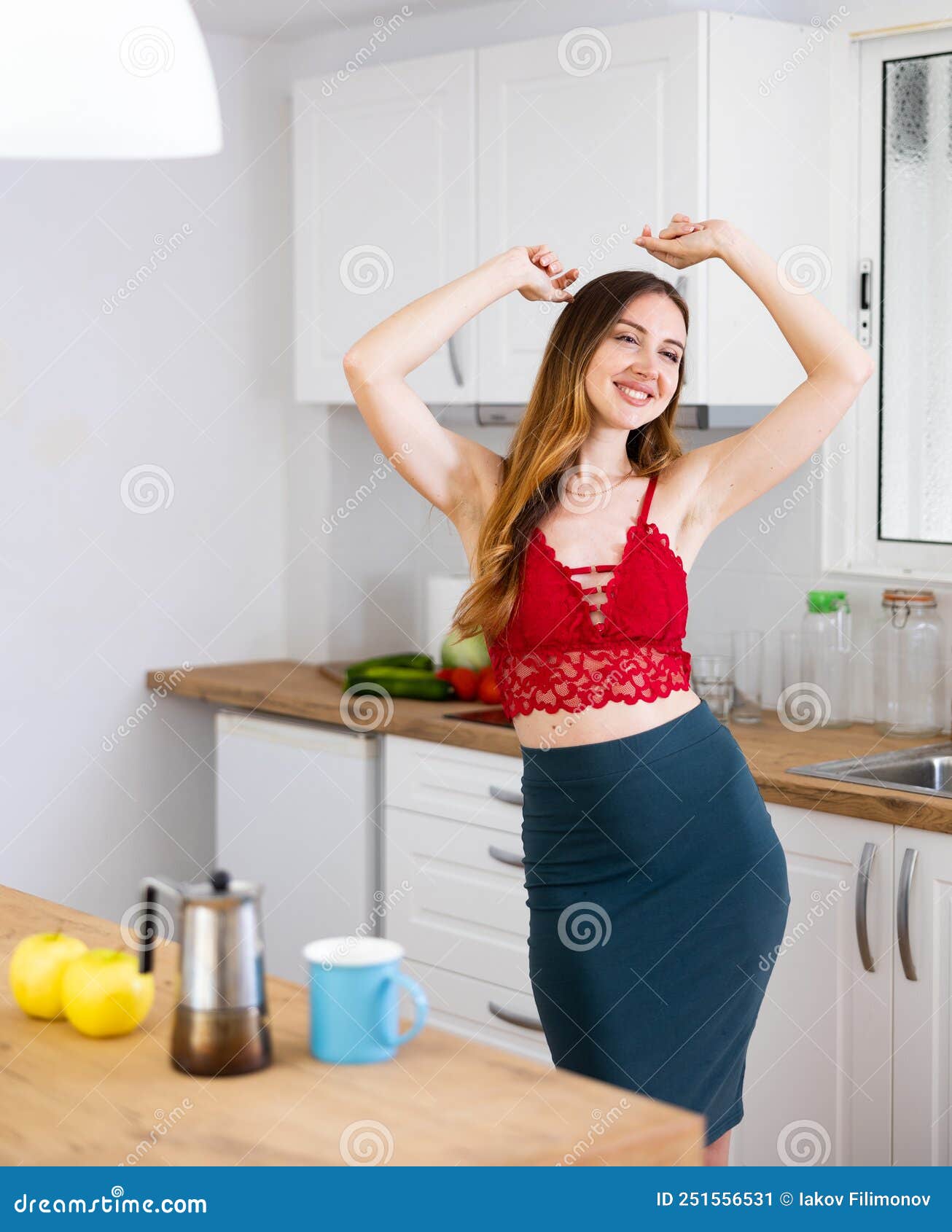 Woman Dancing in Kitchen at Home Stock Image - Image of music, female ...