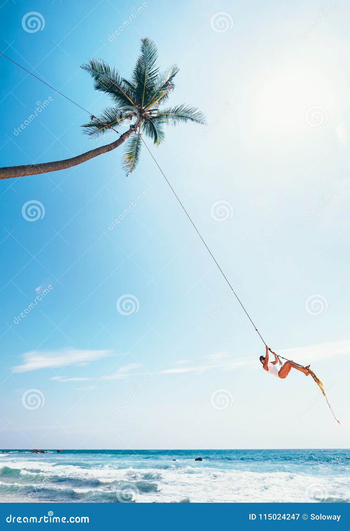 Woman Dangles on Tropical Palm Tree Swing Over Ocean Waves Stock Image ...