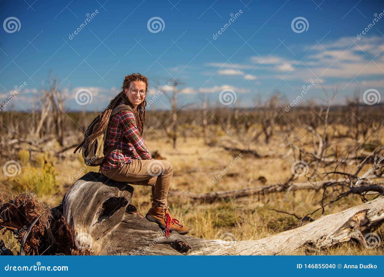 Woman in dead tree forest stock photo. Image of environment - 146855040
