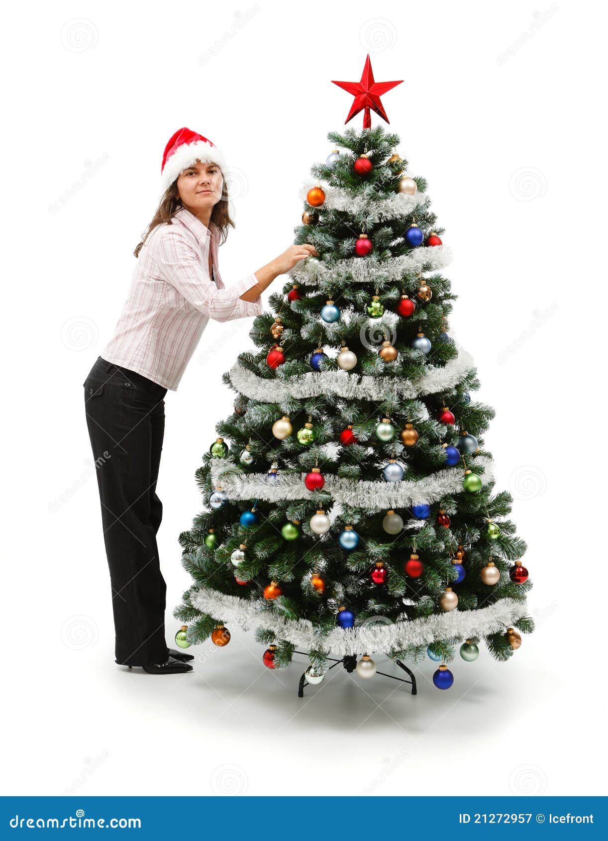 Woman Decorating Christmas Tree Stock Image - Image of decorated ...