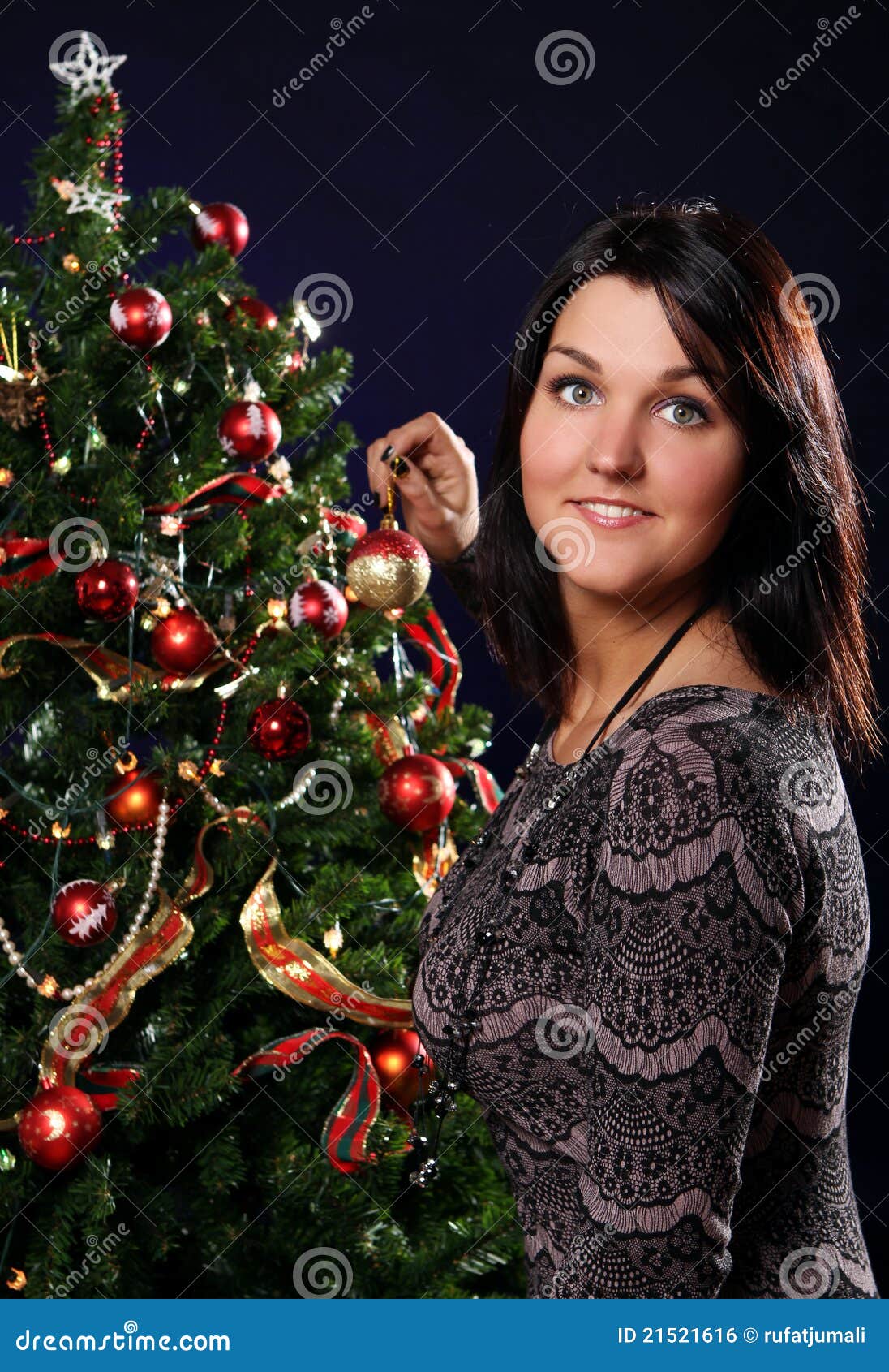 Woman are Decorating the Christmas Tree Stock Photo - Image of ...