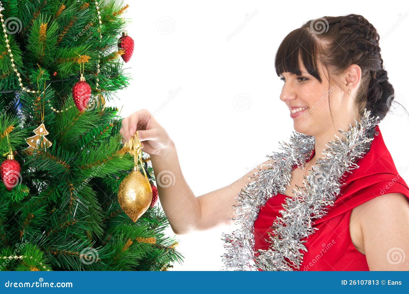 Woman Decorating Christmas Tree Stock Image - Image of dress, ball ...