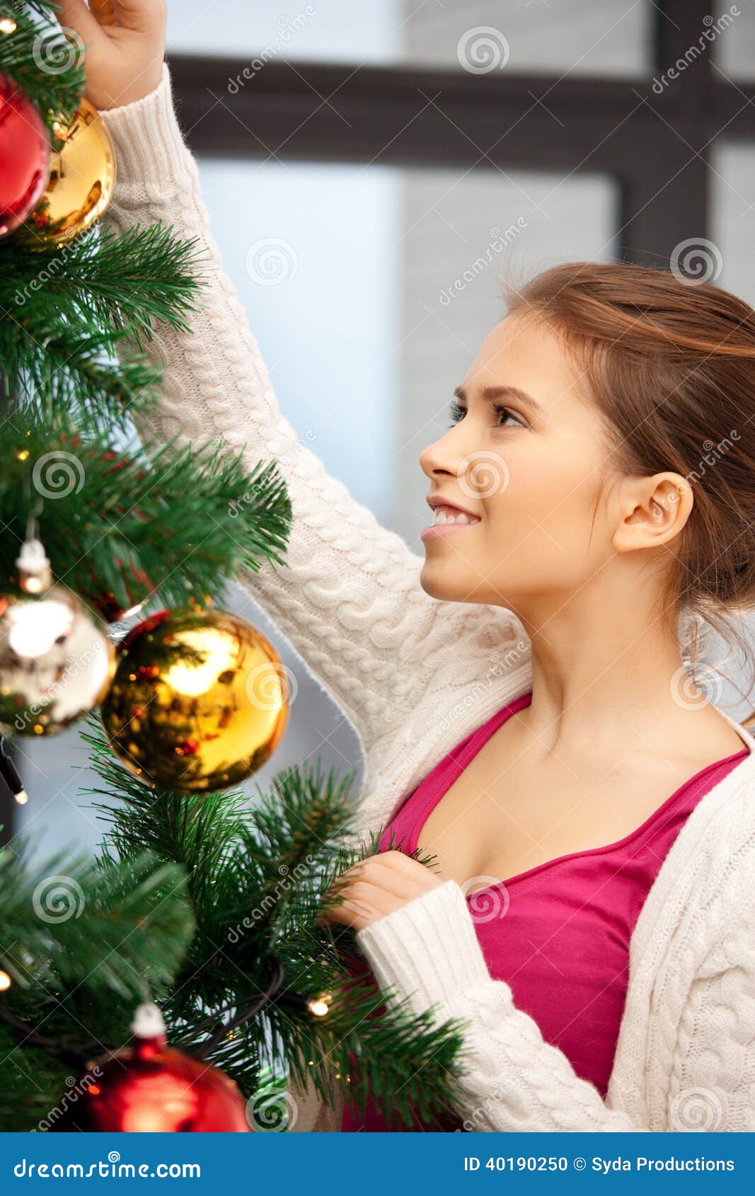 Woman Decorating Christmas Tree Stock Photo - Image of girl, beautiful ...