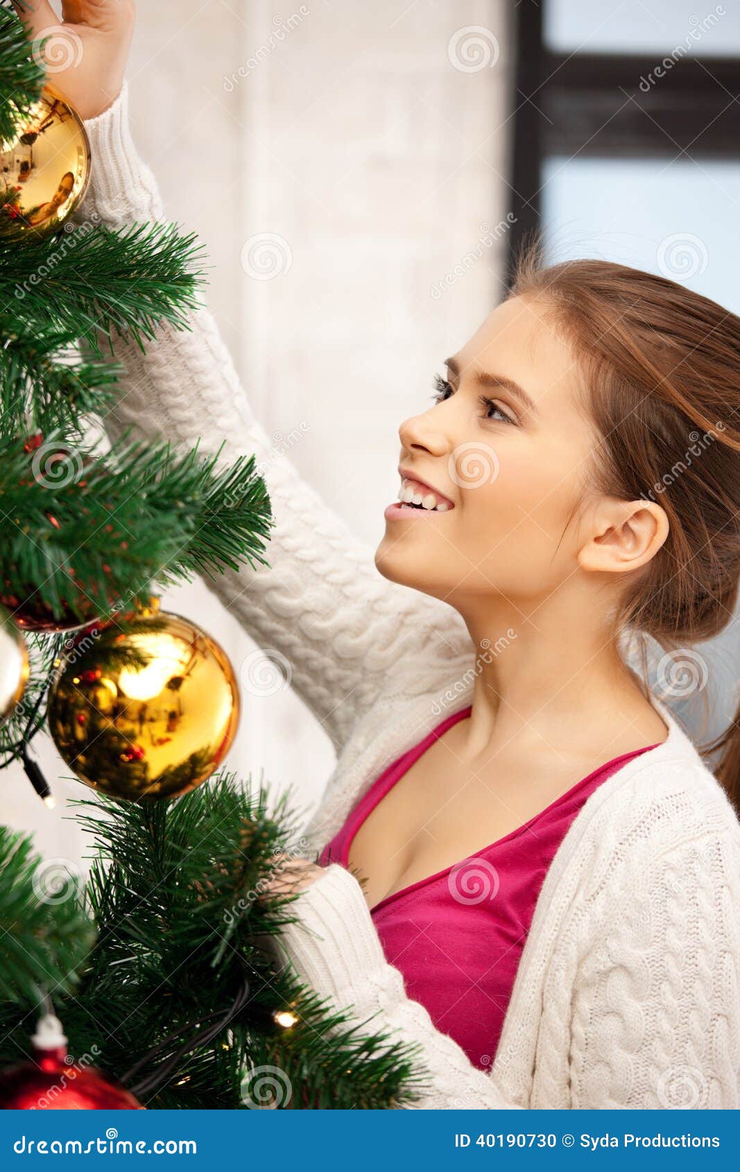 Woman Decorating Christmas Tree Stock Photo - Image of holiday, closeup ...