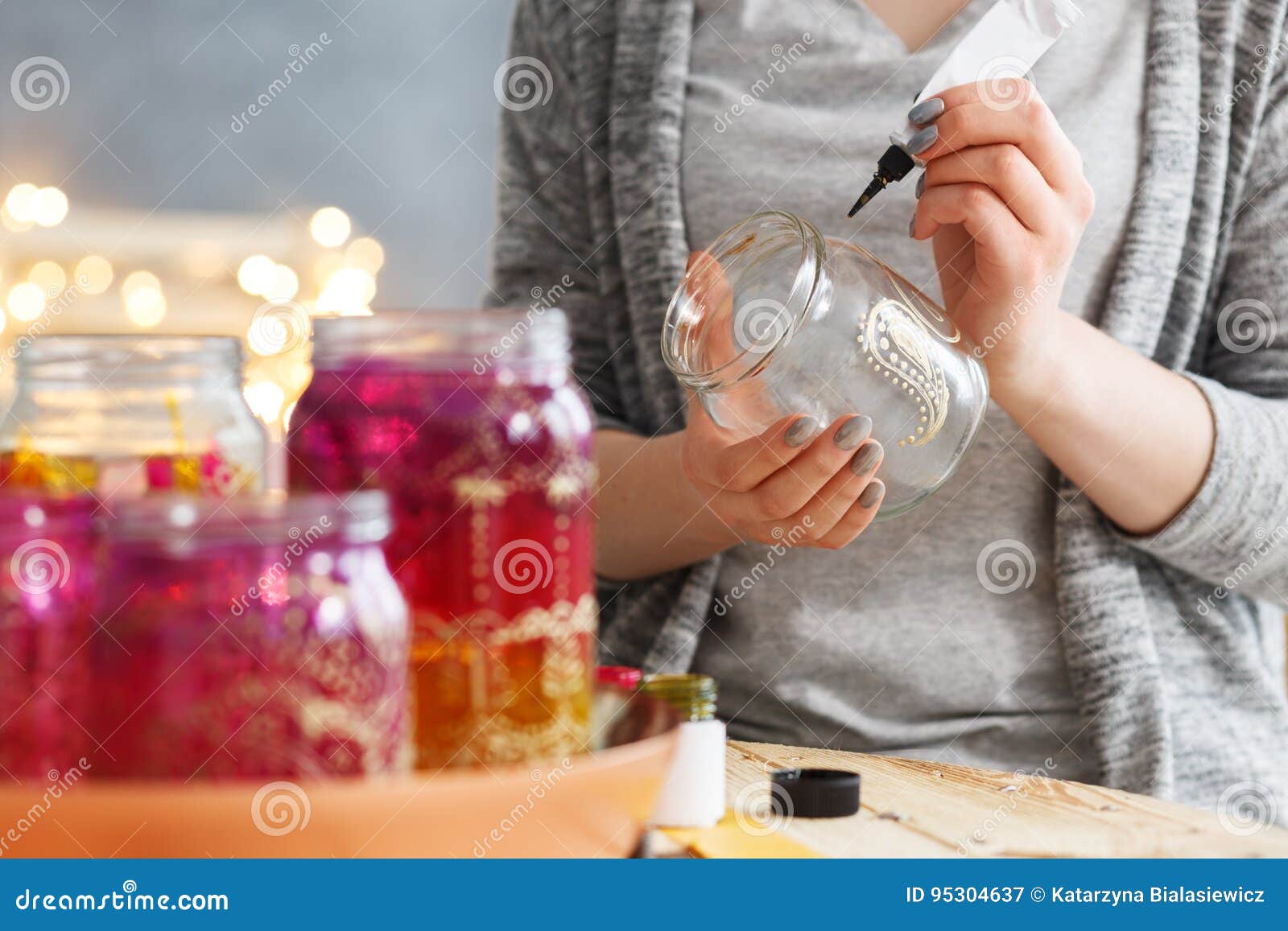Woman decorating jars stock image. Image of arts, crafts - 95304637