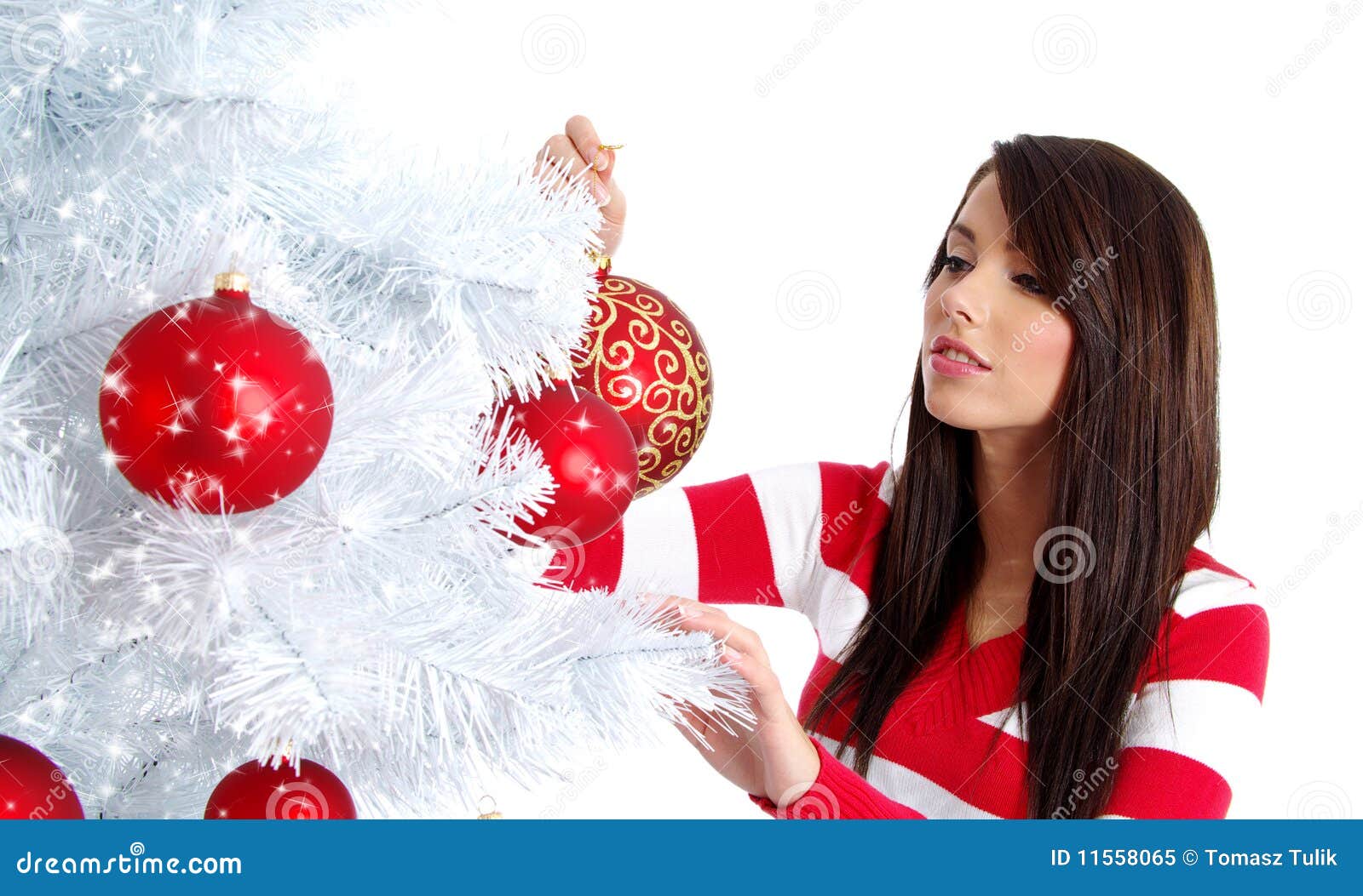 Woman Decorating White Christmas Tree Stock Image - Image of pretty ...