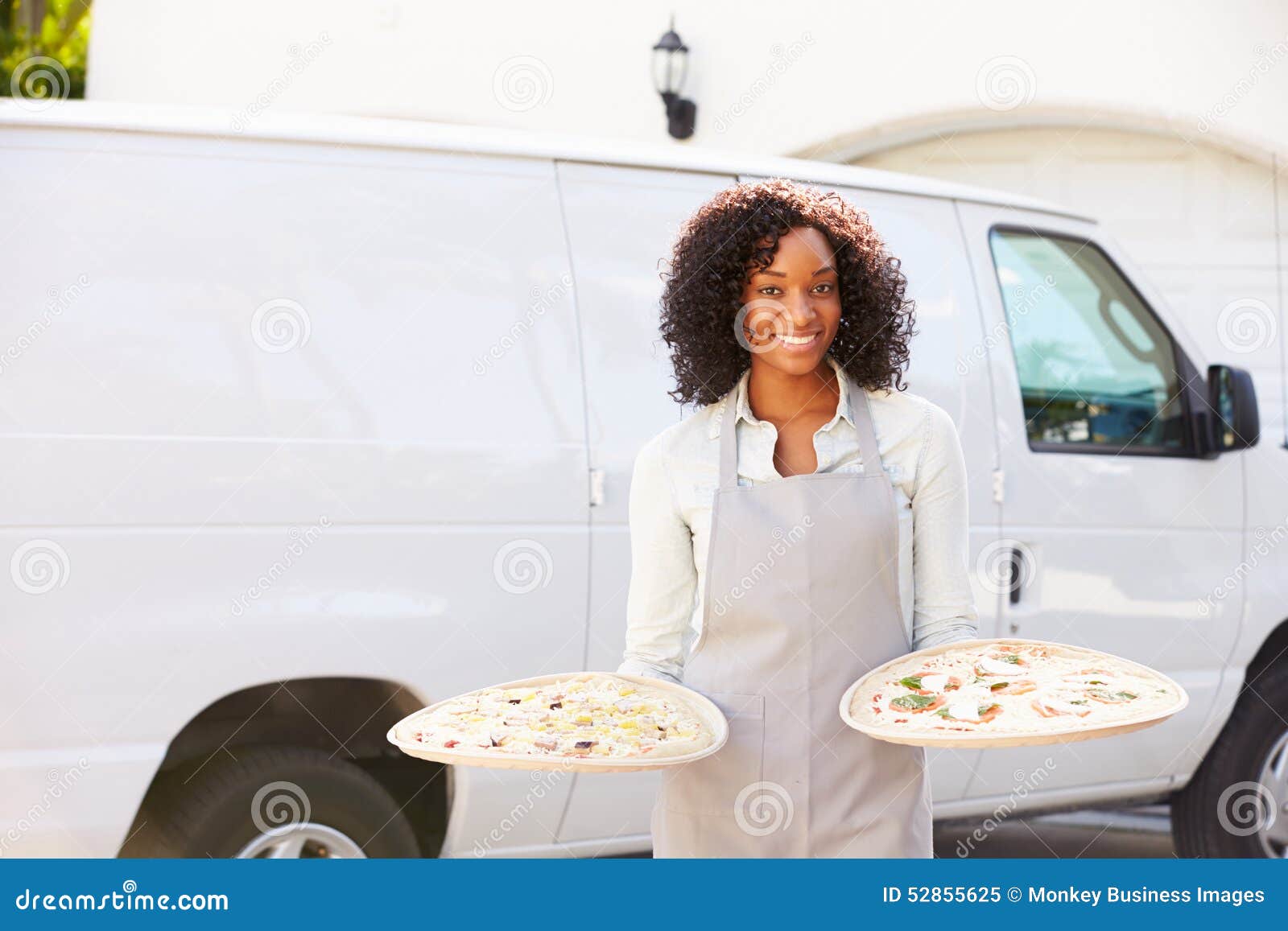 Woman Delivering Pizza Standing in Front of Van Stock Image - Image of ...