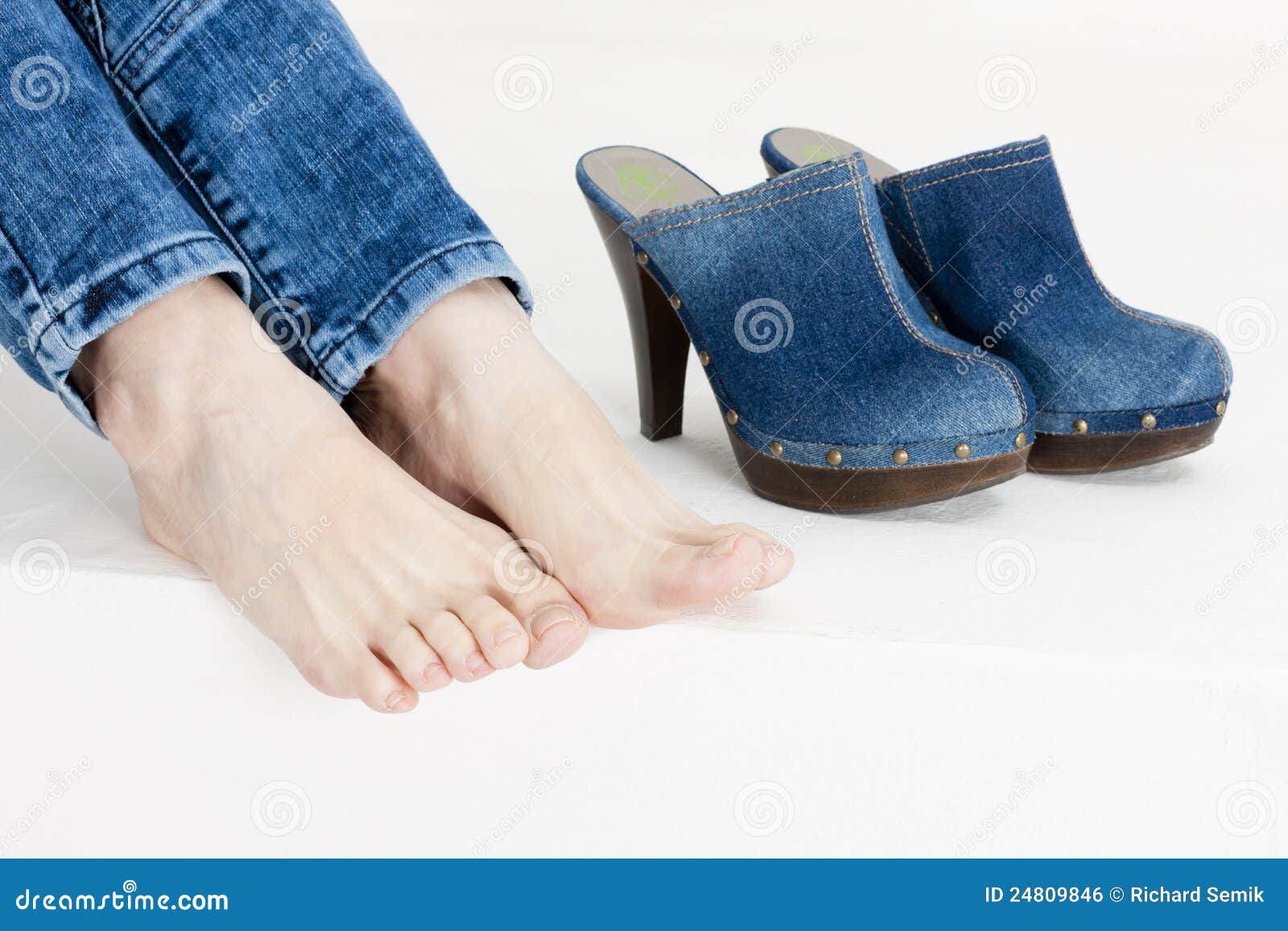 Woman and denim clogs stock photo. Image of heels, close - 24809846