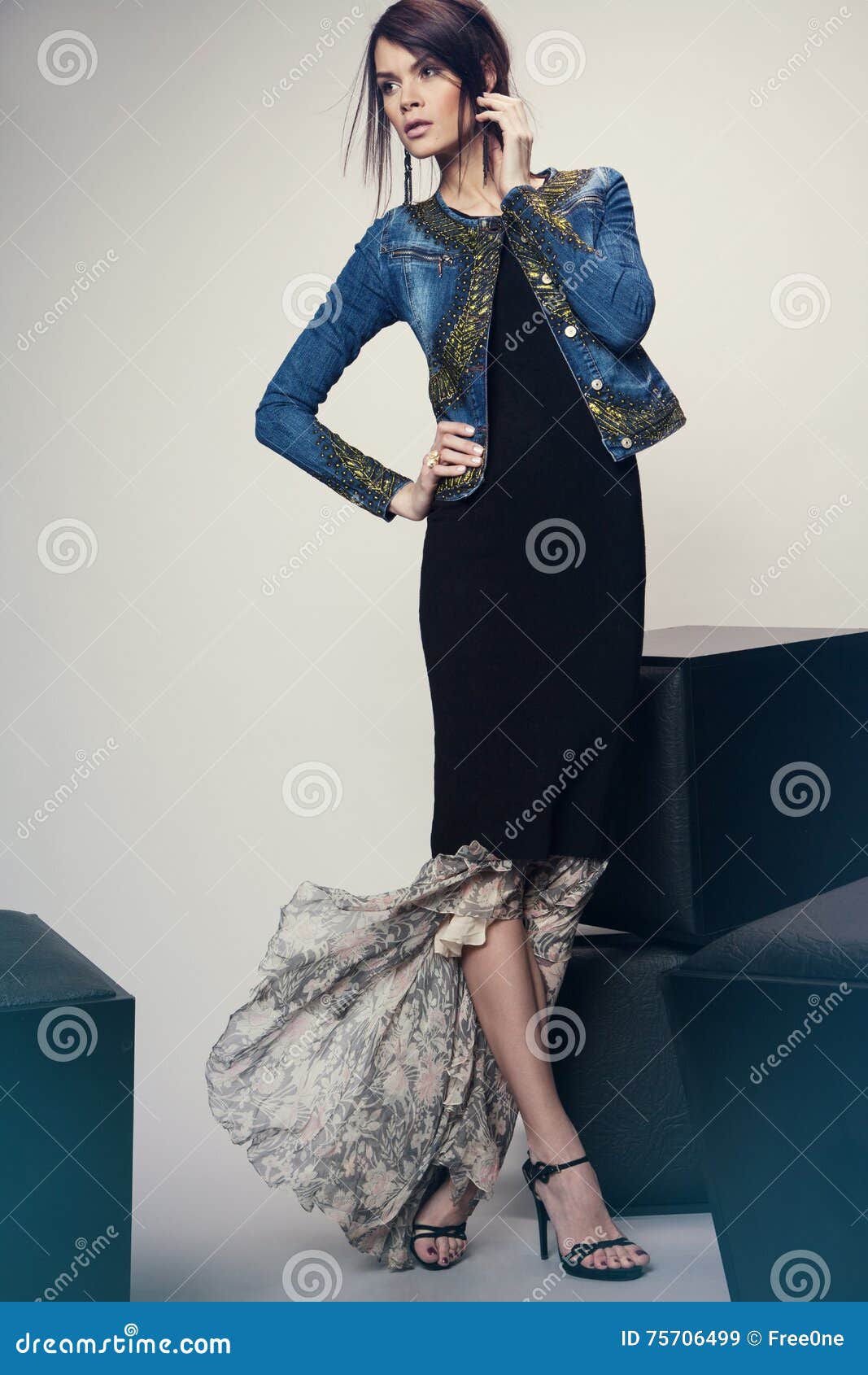 Woman in Denim Jacket and Long Dress Stock Image - Image of hairstyle ...