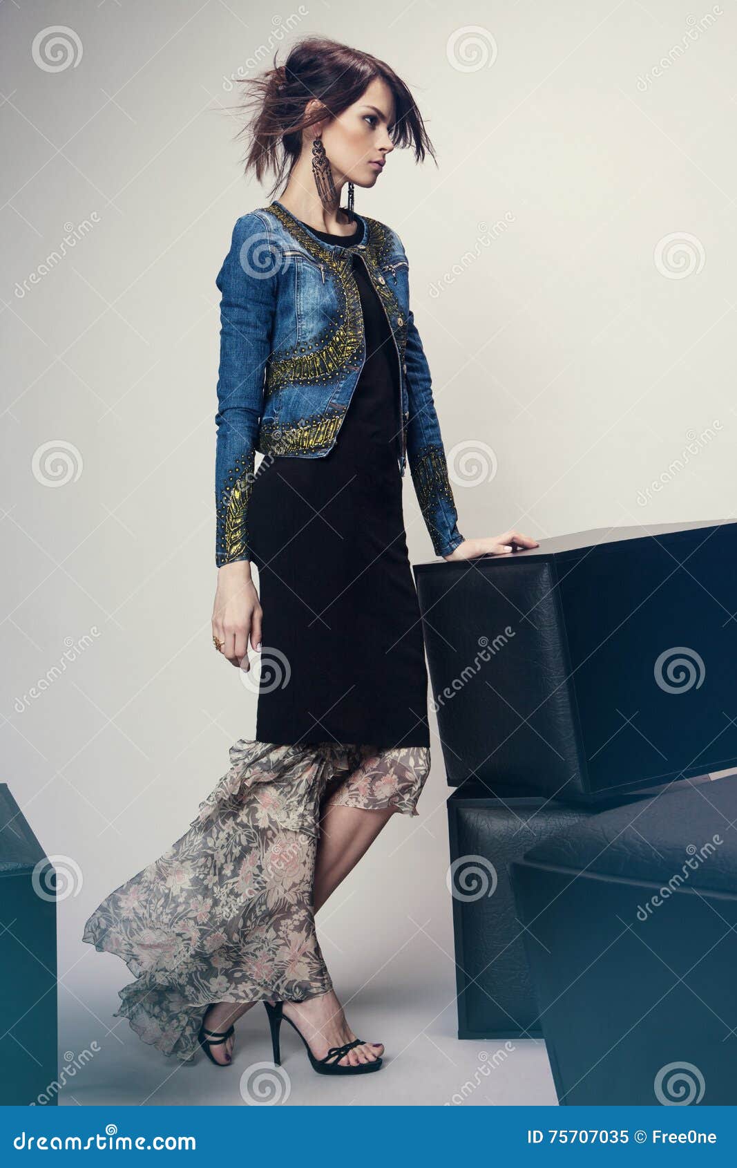 Woman in Denim Jacket and Long Dress Stock Image - Image of people ...