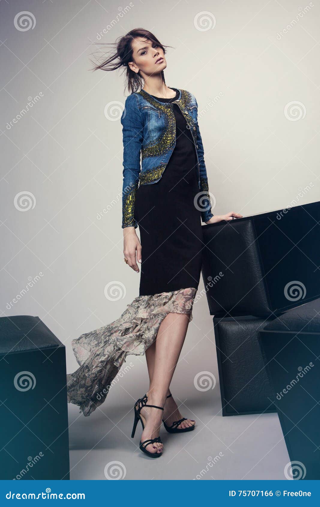 Woman in Denim Jacket and Long Dress Stock Photo - Image of glamour ...