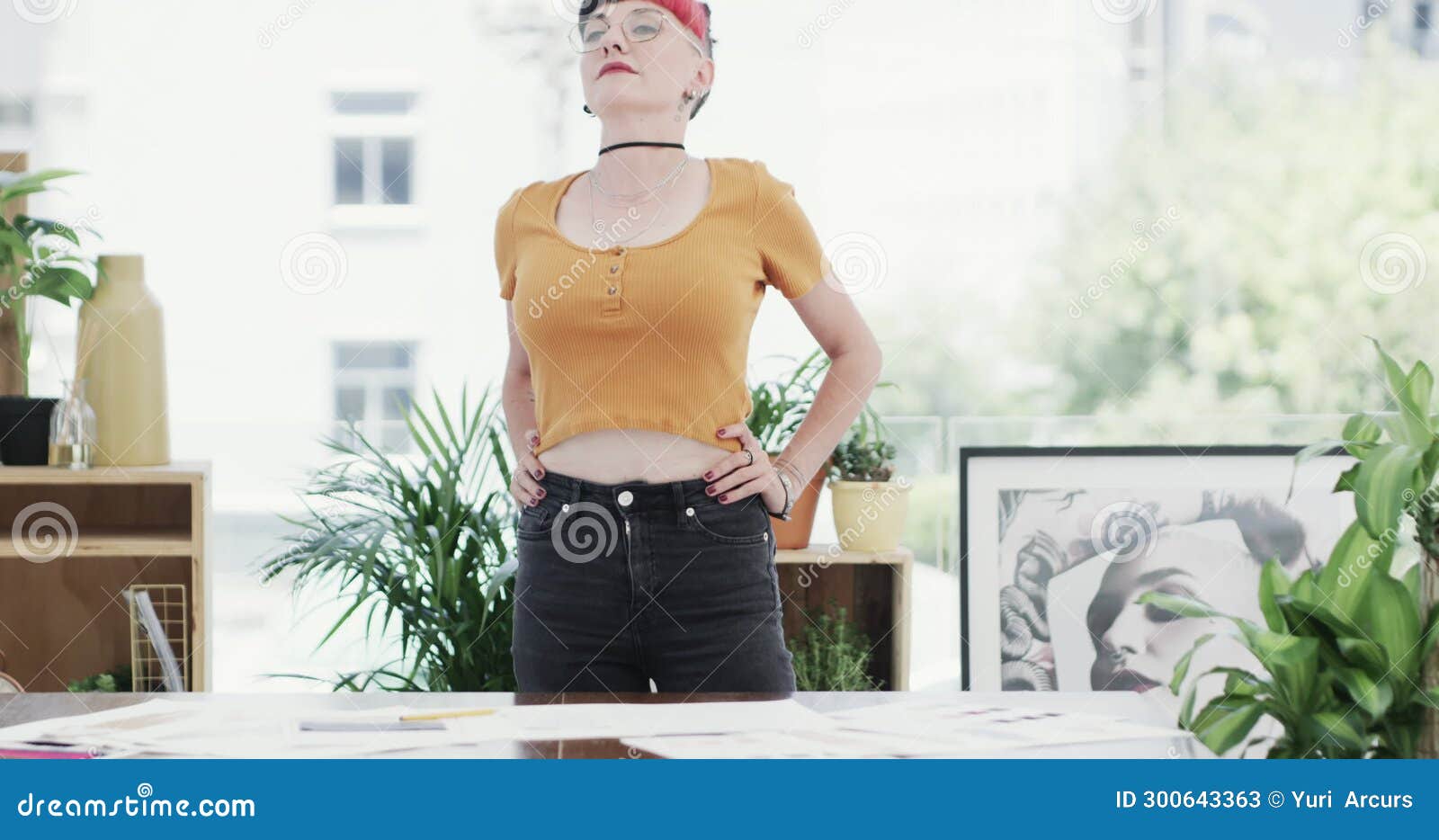 Woman, Design and Work at Table Stretching for Sore Back or Creativity ...