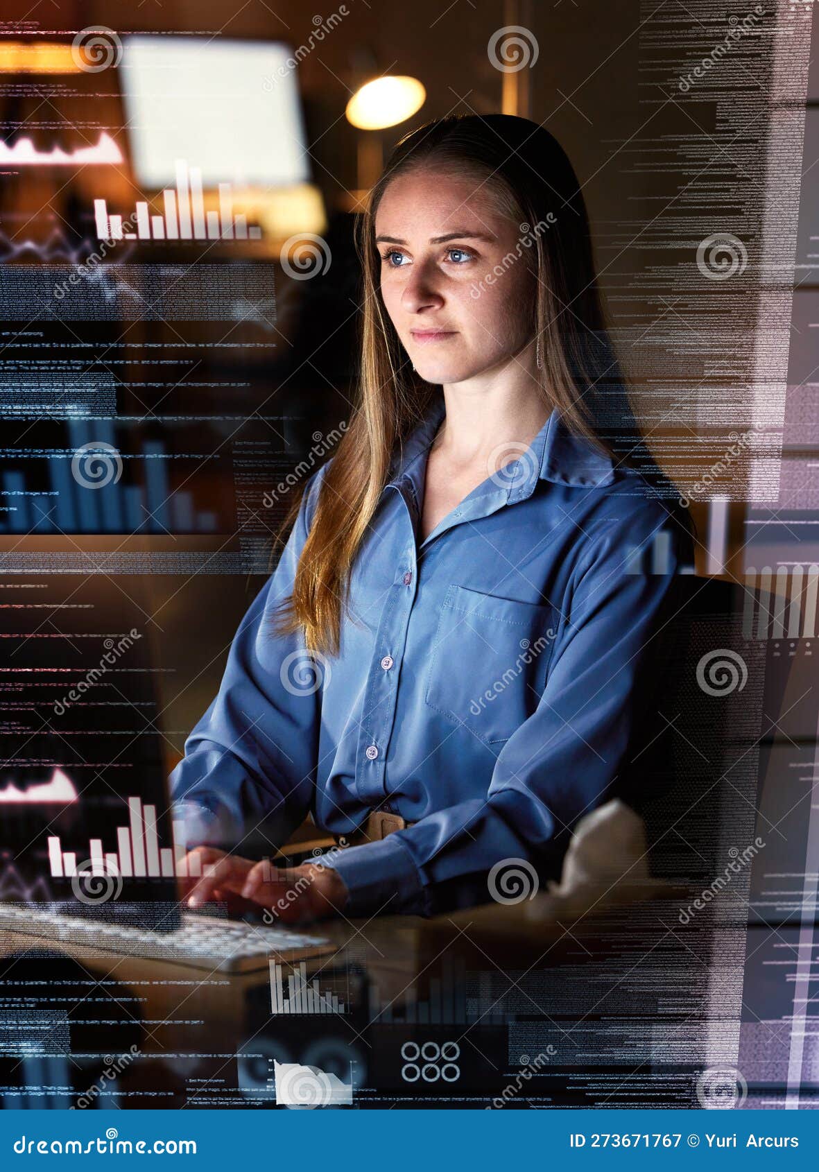 Woman at Desk, Dashboard and Data Analytics, Coding and Digital Overlay ...