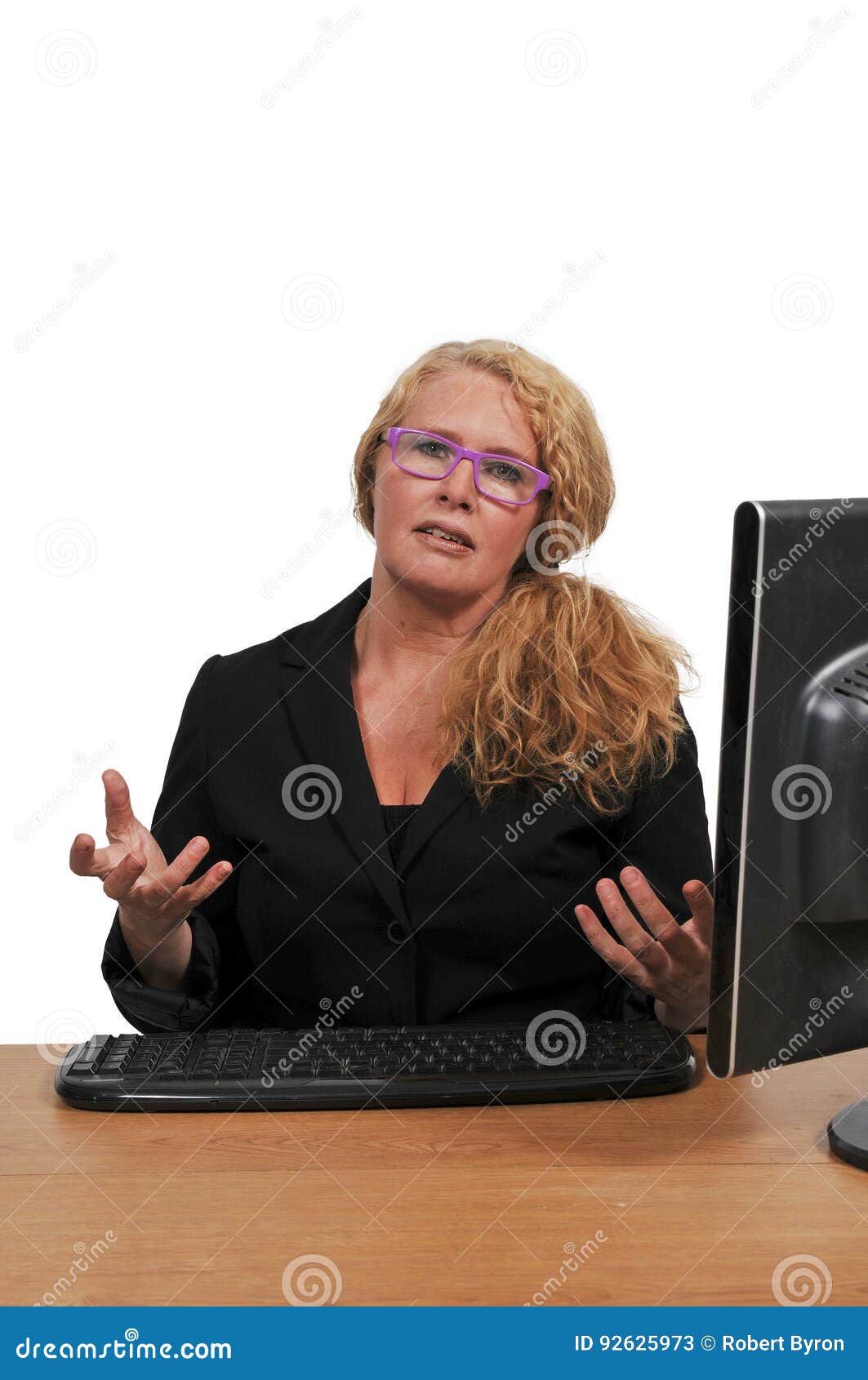 Woman on desktop computer stock image. Image of information - 92625973
