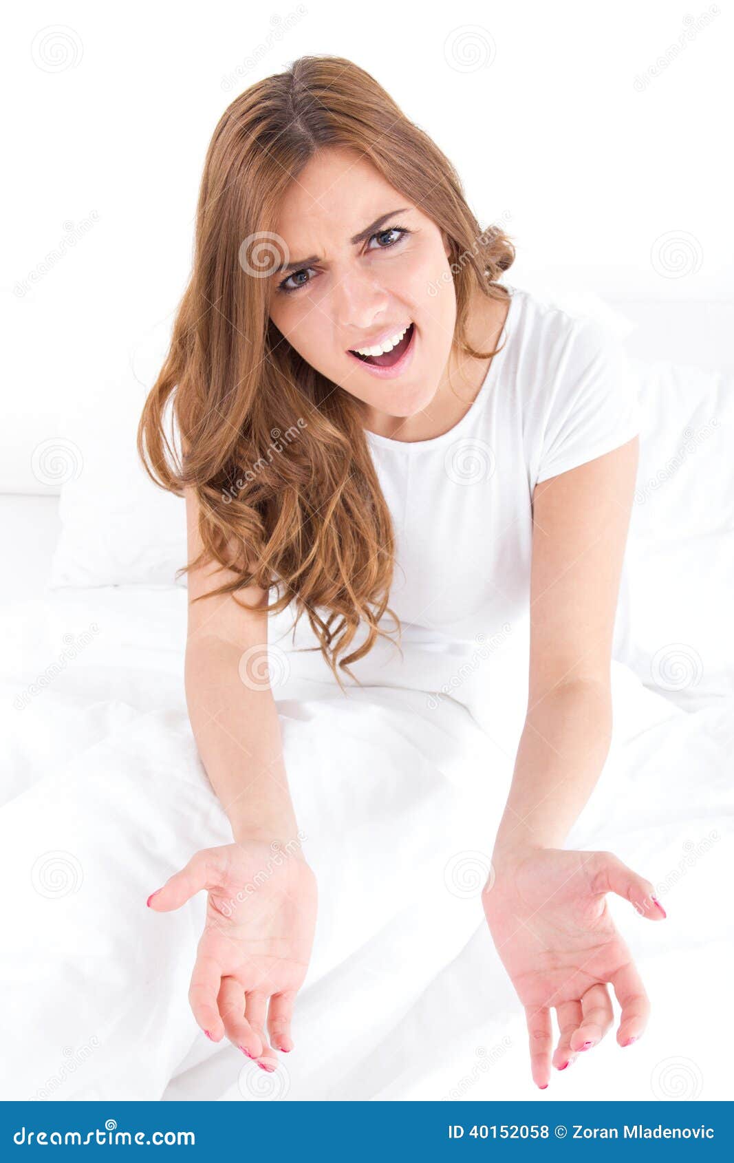 Woman in Despair Staring at Camera with Both Hands in Front Stock Photo ...
