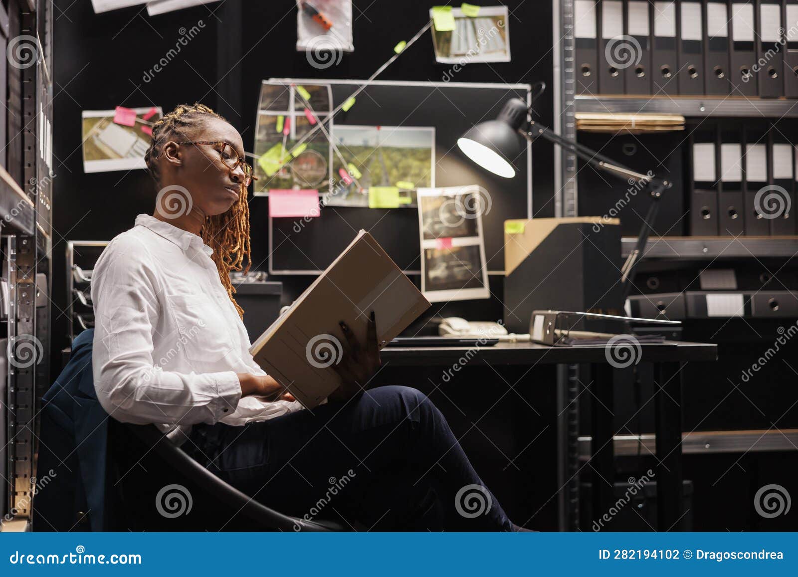 Woman Detective Analyzing Evidence And Reading Crime Case File Stock