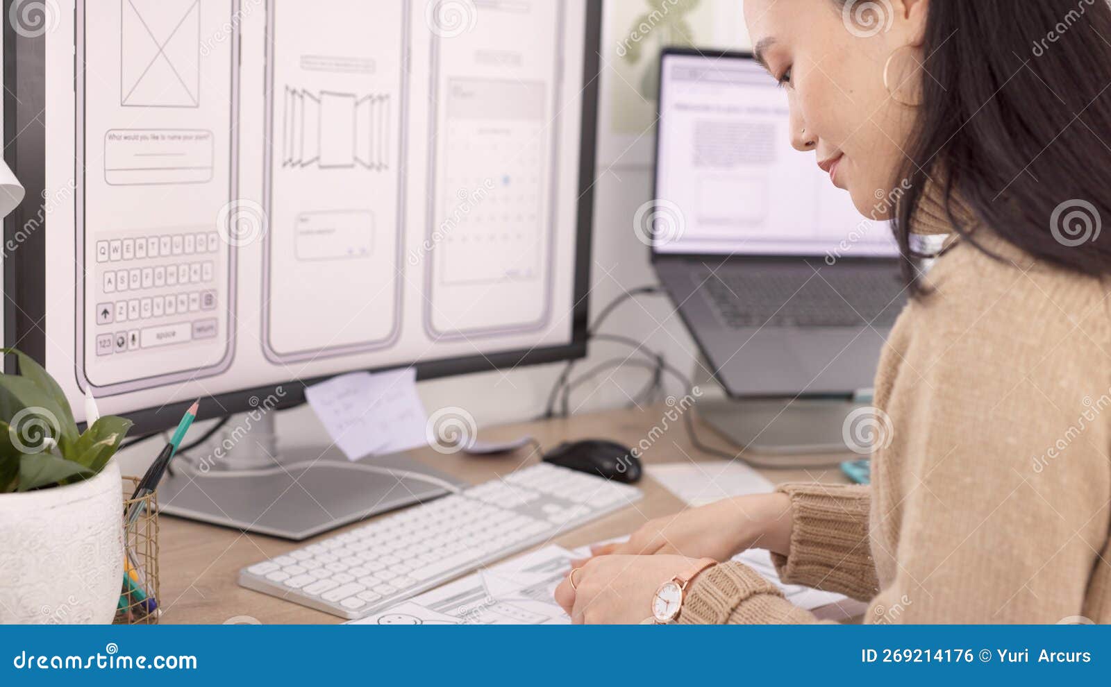 Woman, Developer and Wireframes with Technology in Design, Planning or ...