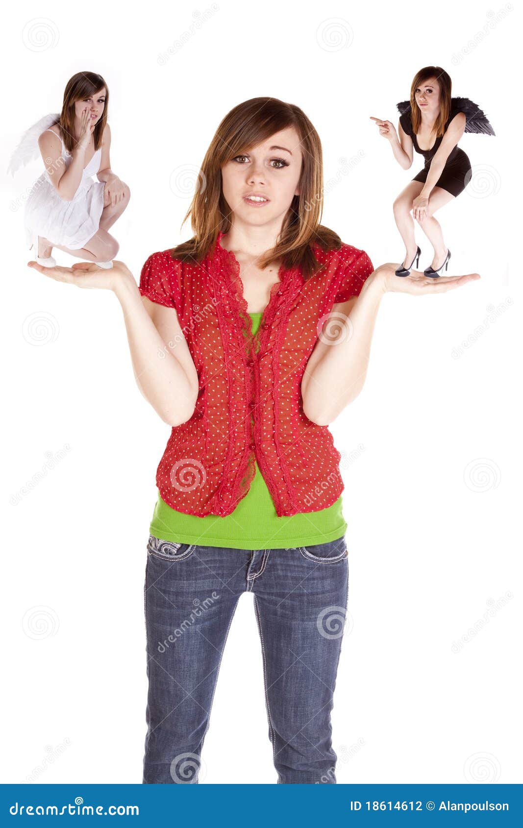 Woman with Devil and Angel on Hands Stock Photo - Image of caucasian ...