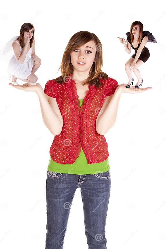 Woman with Devil and Angel on Hands Stock Photo - Image of caucasian ...