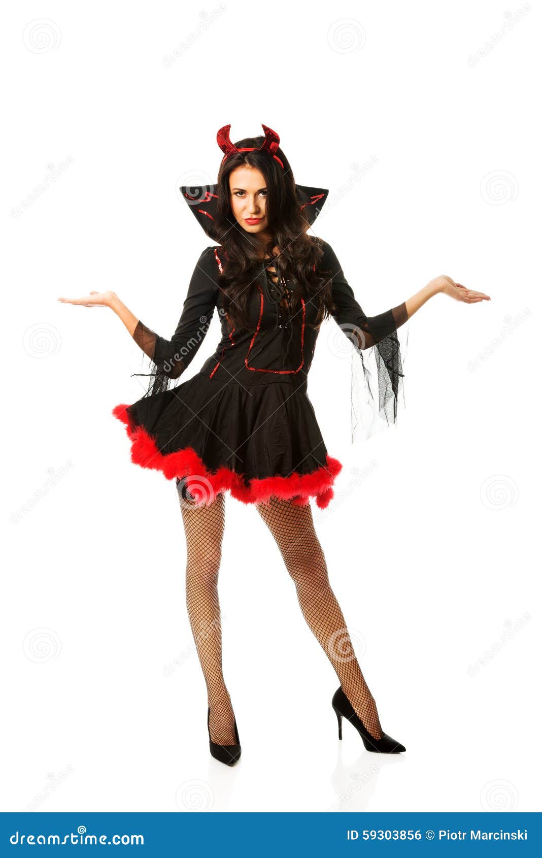 Woman in Devil Clothes with Open Hands Gesture Stock Photo - Image of ...