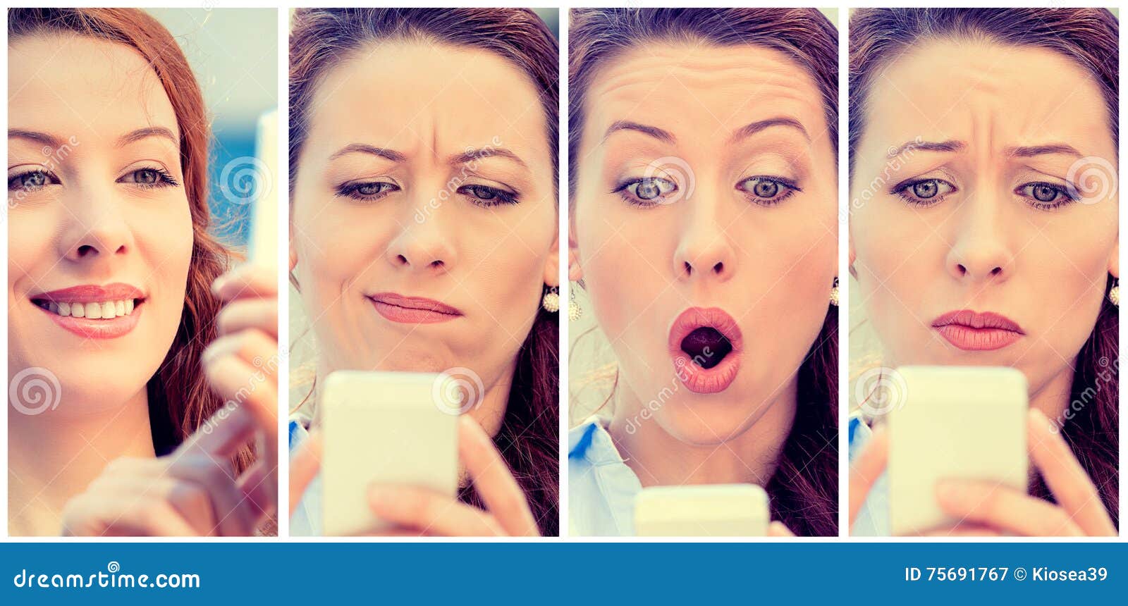 Woman with Different Expressions Texting on Smart Phone Stock Image ...