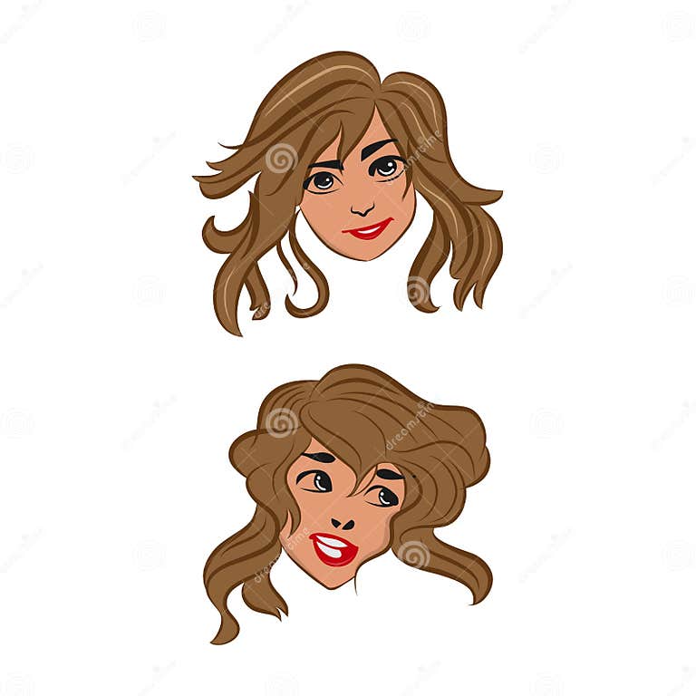 Beautiful Woman Portrait With Different Facial Expressions Set Isolated