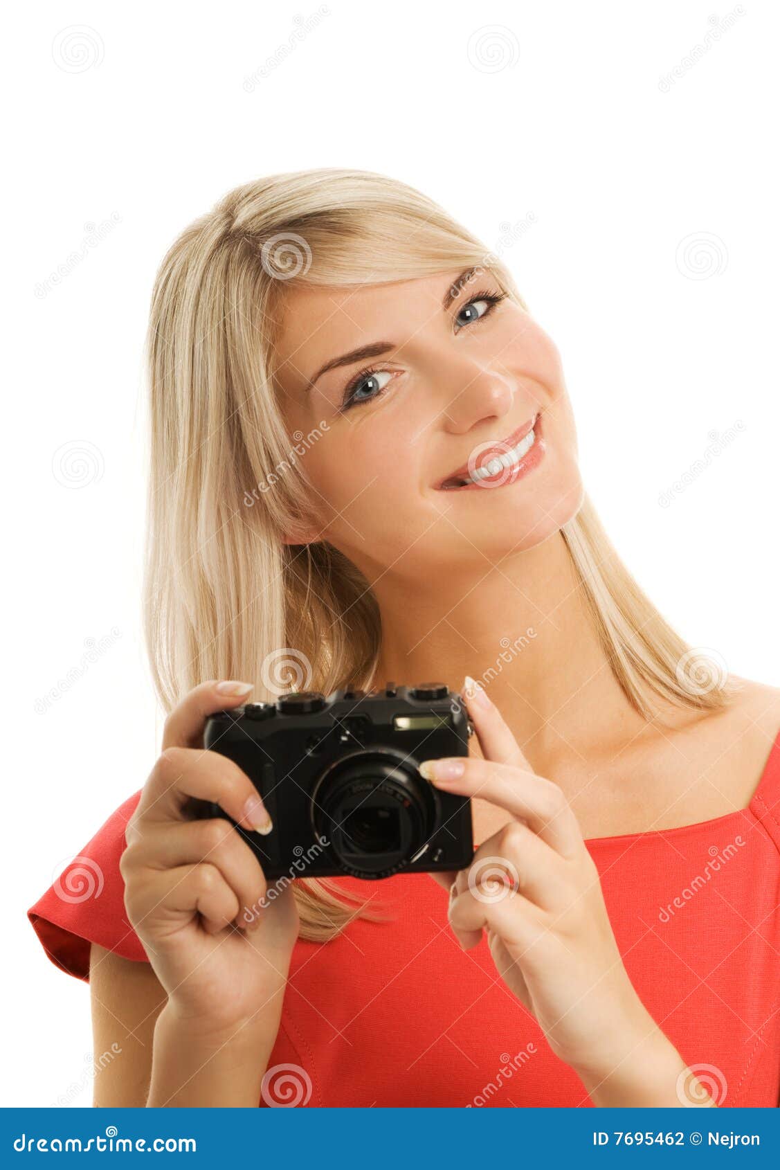 Woman with digital camera stock photo. Image of device - 7695462