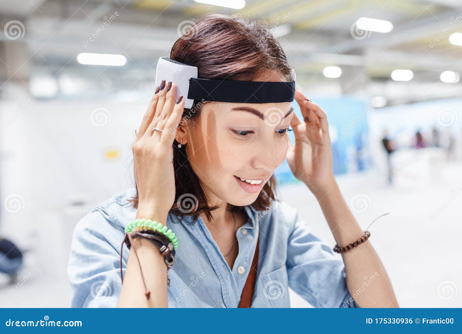Digital Headset Sensor Connected To Her Ear, Reading Brain Impulses ...