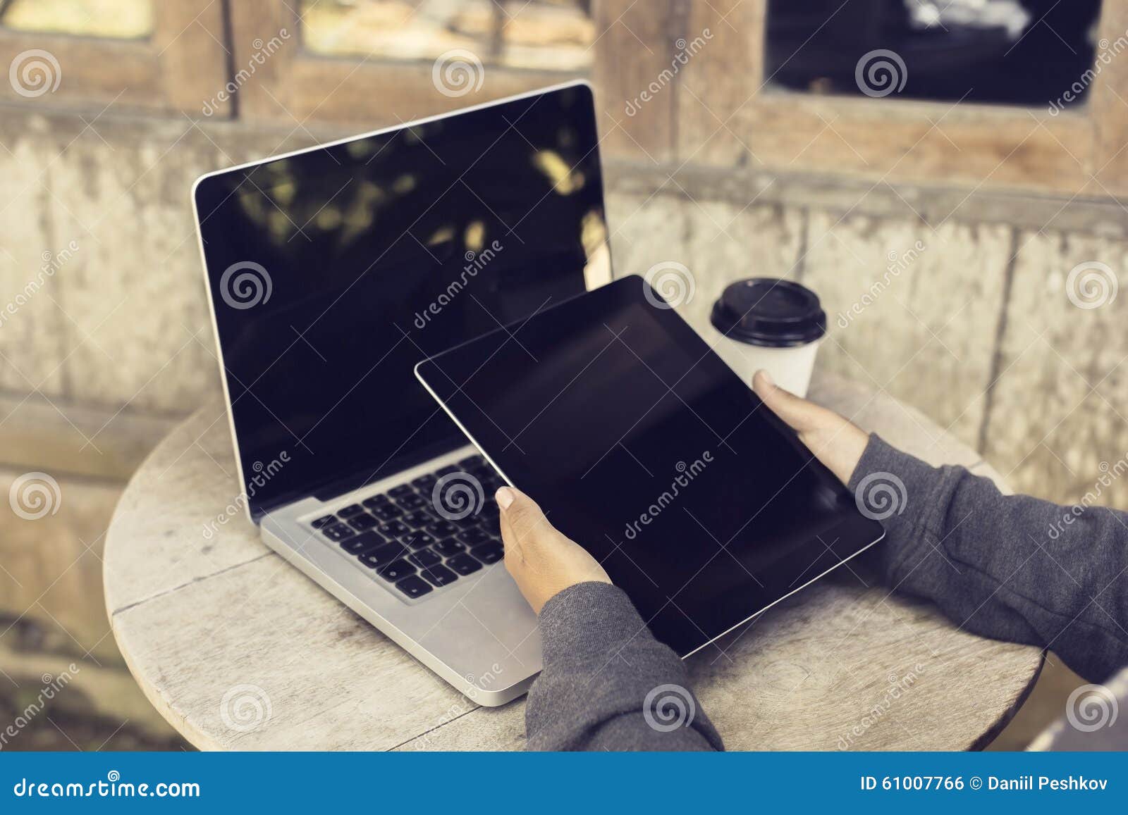 Woman with Digital Tablet and Laptop Outdoors Stock Photo - Image of ...