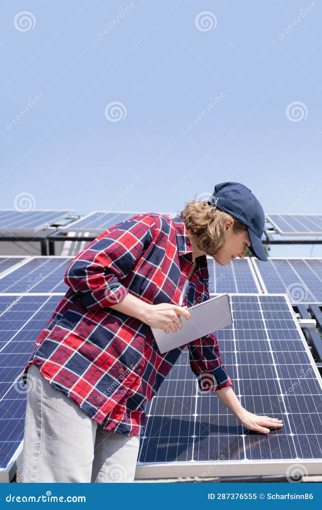 Woman with Digital Tablet Touching Solar Panel Stock Image - Image of ...