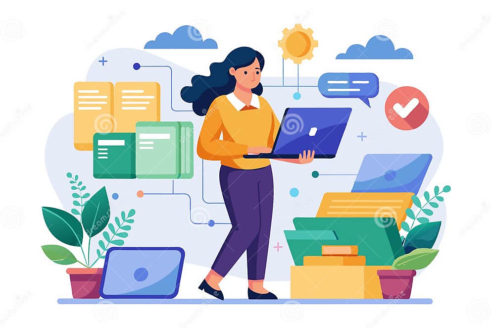 A Woman is Diligently Inputting Data Files into a Folder while Managing ...