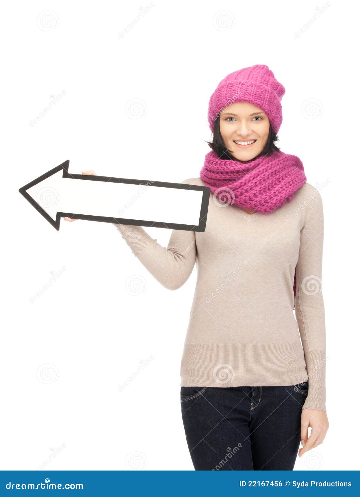 Woman with Direction Arrow Sign Stock Photo - Image of muffler, blank ...
