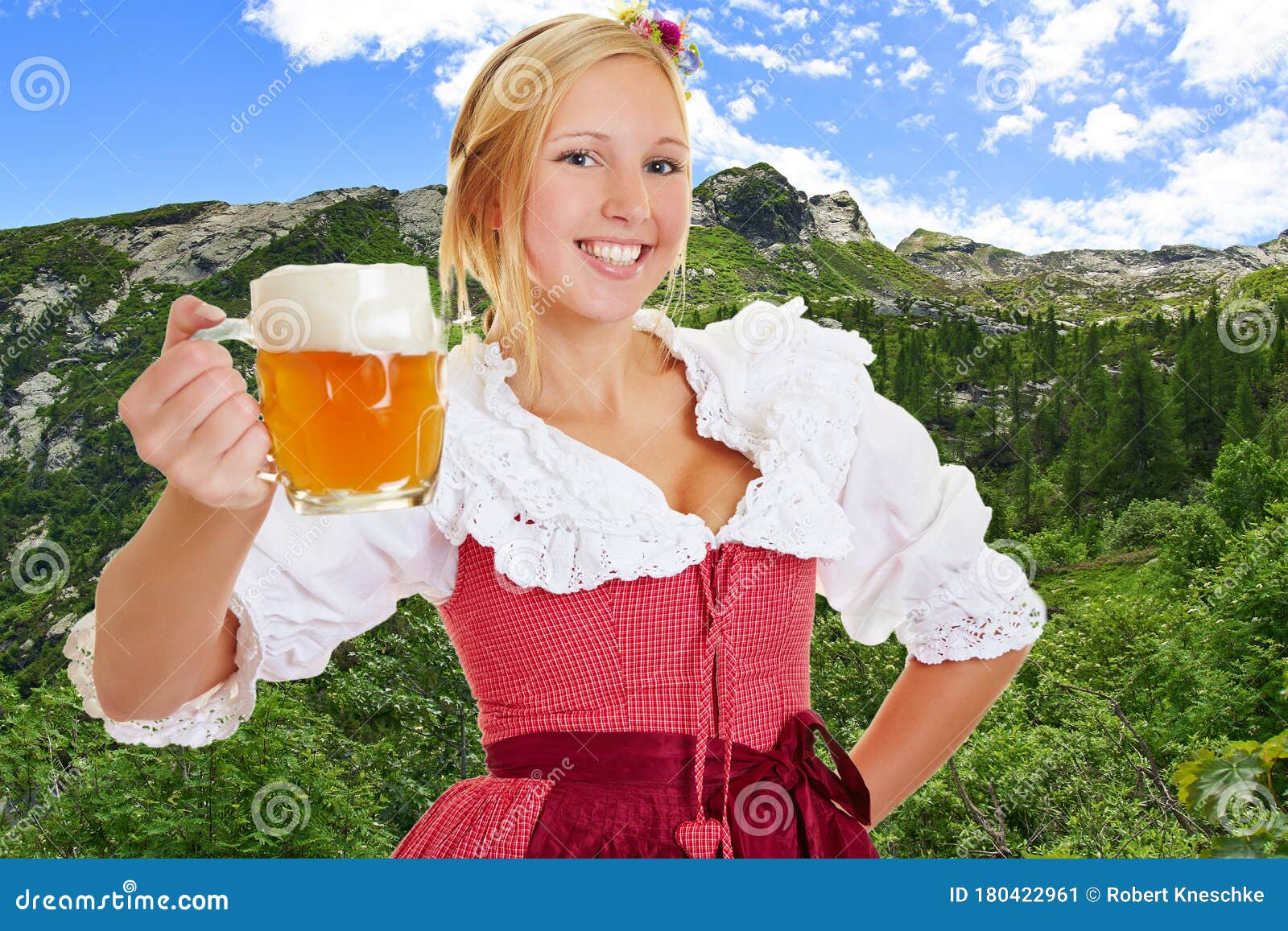 Woman in Dirndl with Beer in Front of the Alps Stock Image - Image of ...
