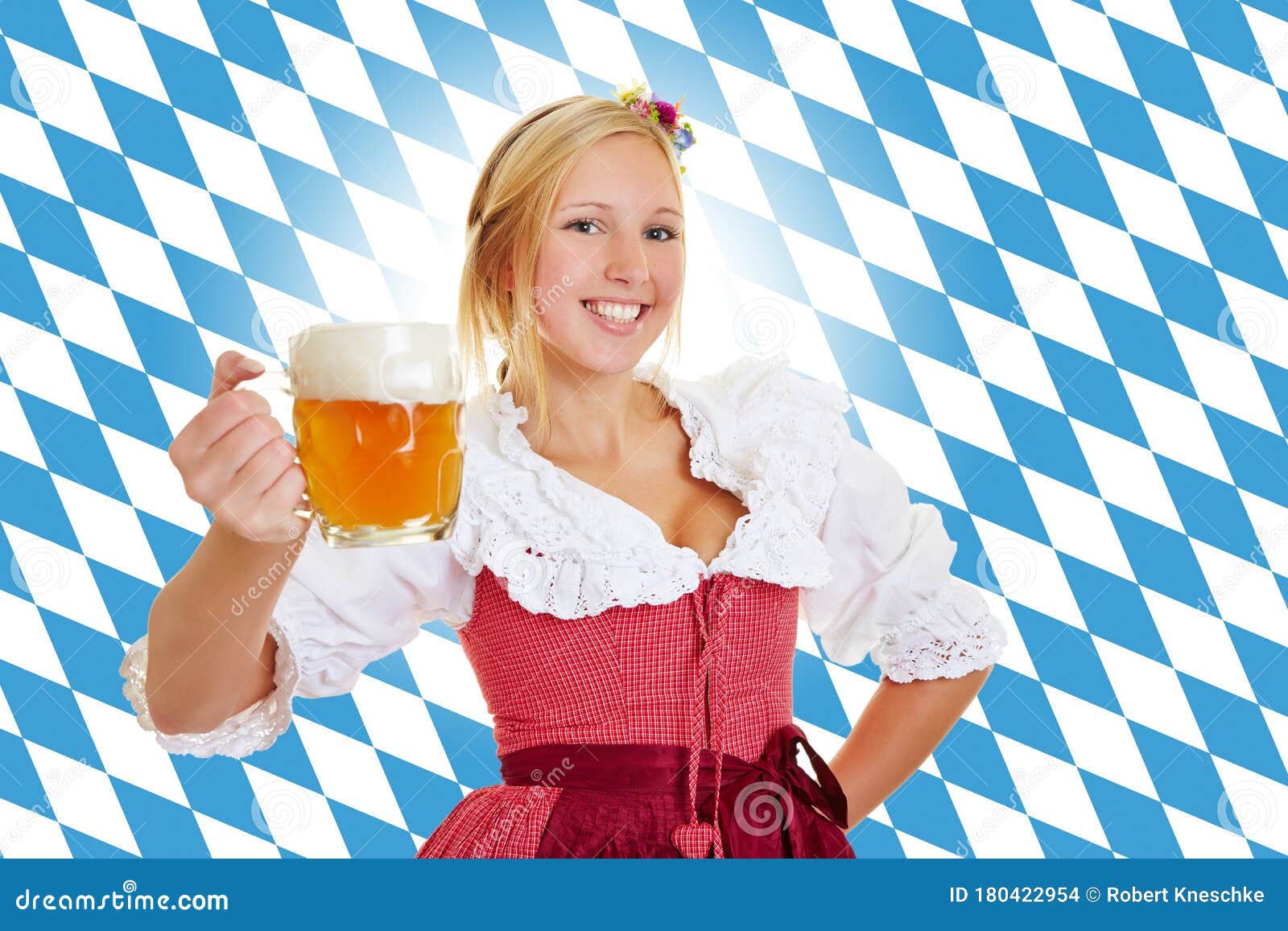 Woman in Dirndl with Beer in Front of Bavarian Flag Stock Photo - Image ...
