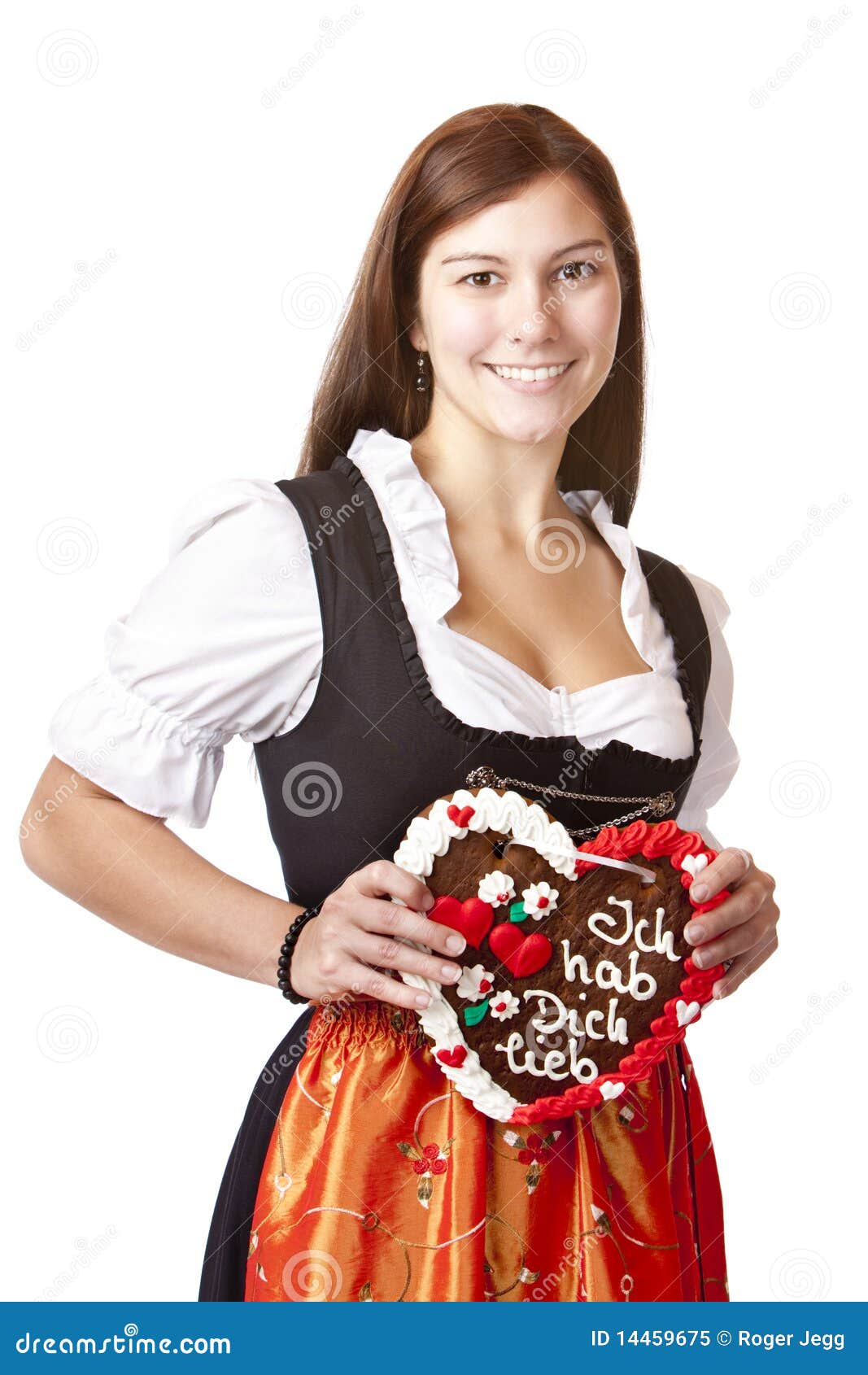 Woman in Dirndl Holds Gingerbread Heart Stock Image - Image of brown ...