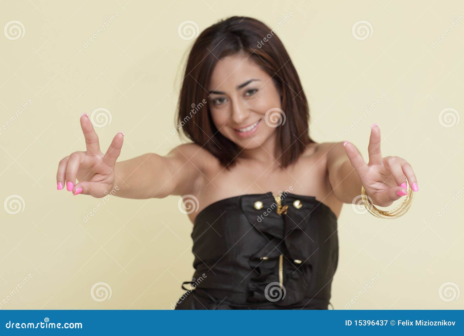 Woman Displaying Peace Signs Stock Image - Image of latina, black: 15396437