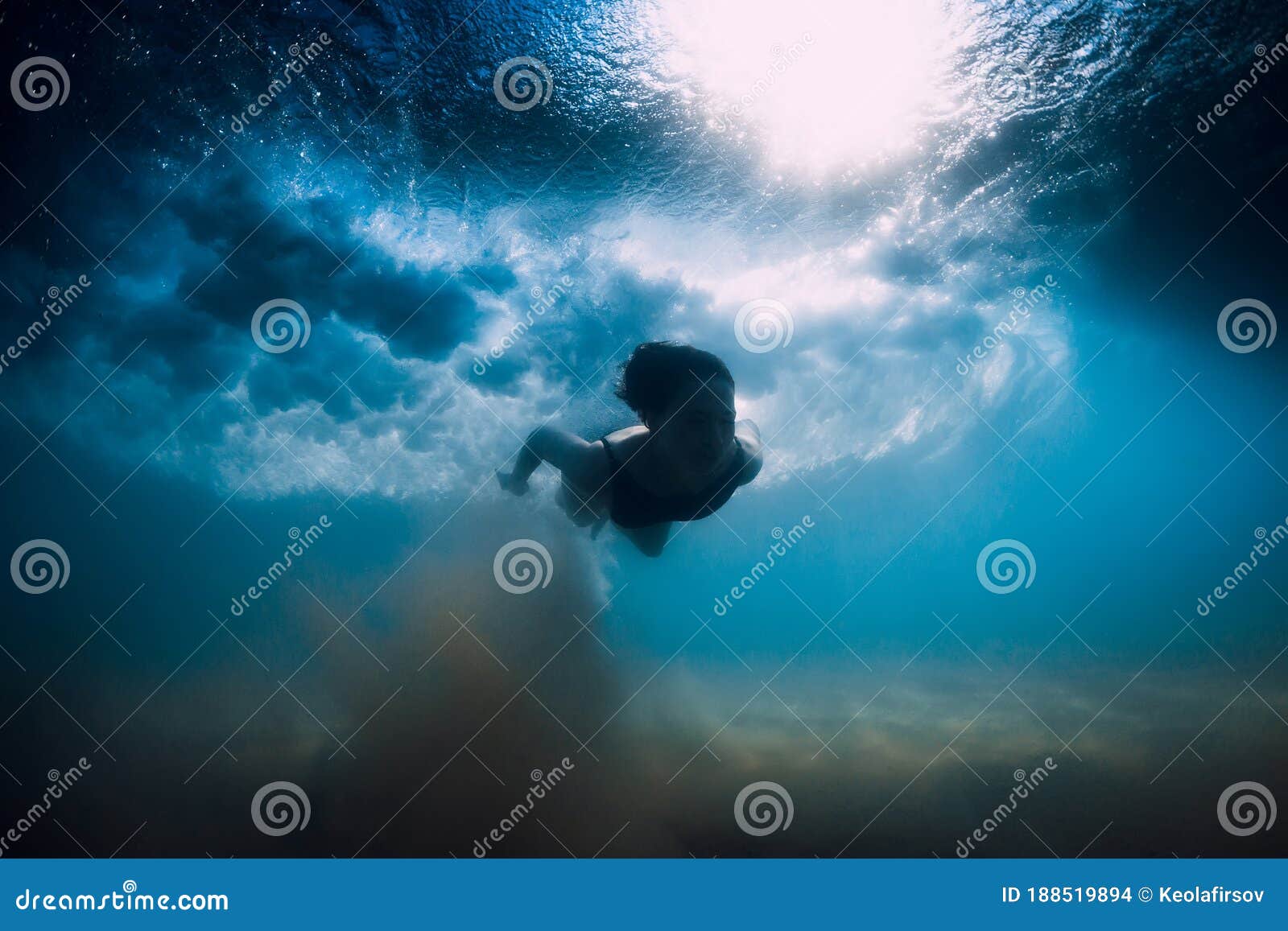 Woman Dive without Surfboard Under Wave. Underwater Duck Dive Under ...