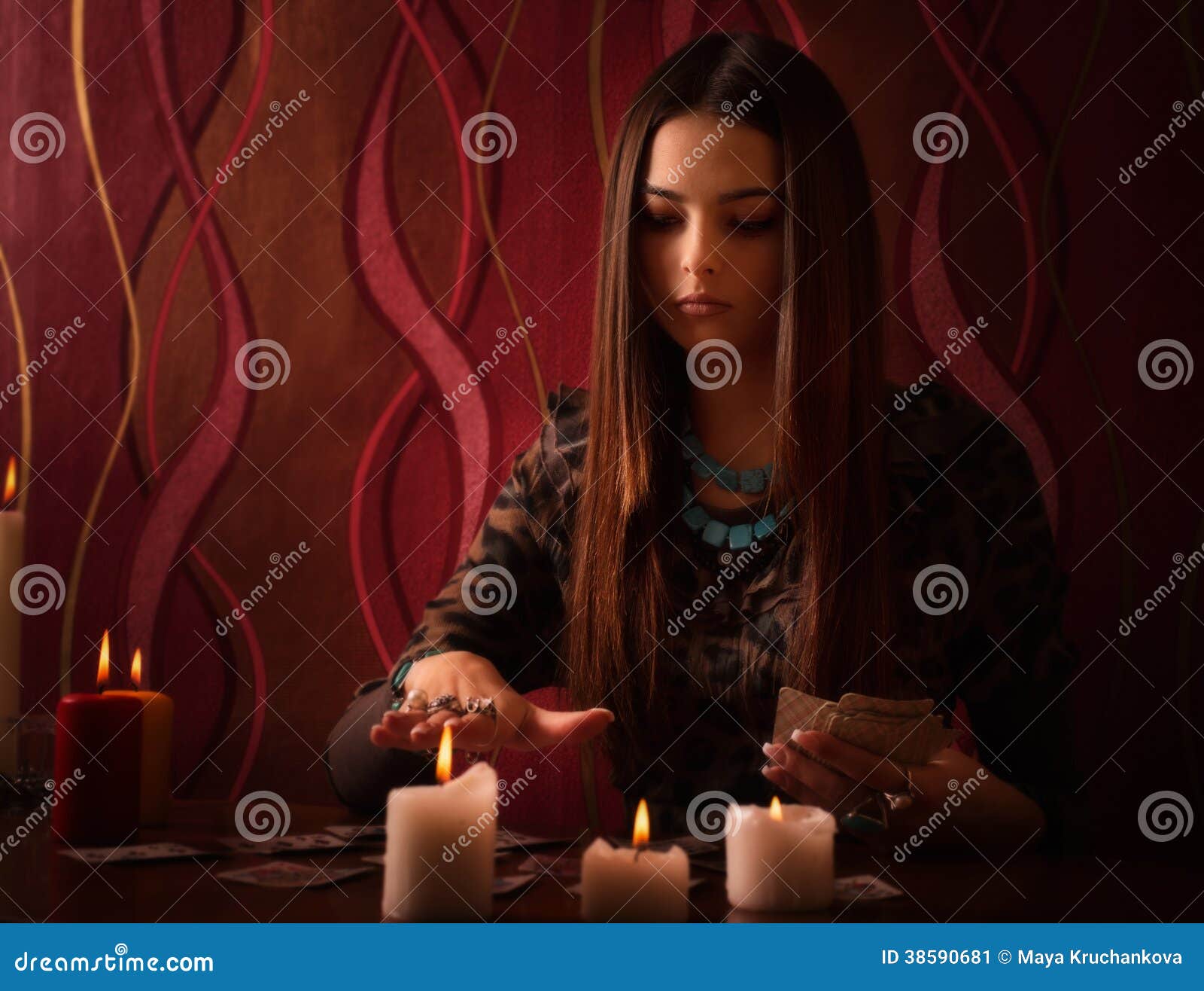 Woman with Divination Cards in Room Stock Image - Image of girl, candle ...