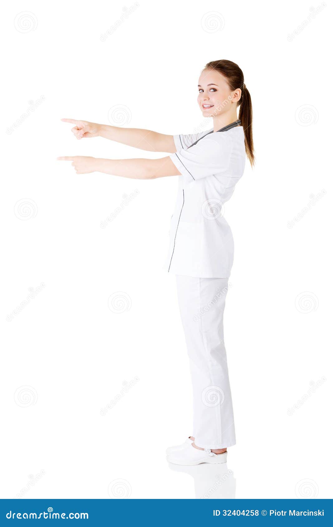 Woman Doctor or Nurse Pointing on Copy Space. Stock Photo - Image of ...