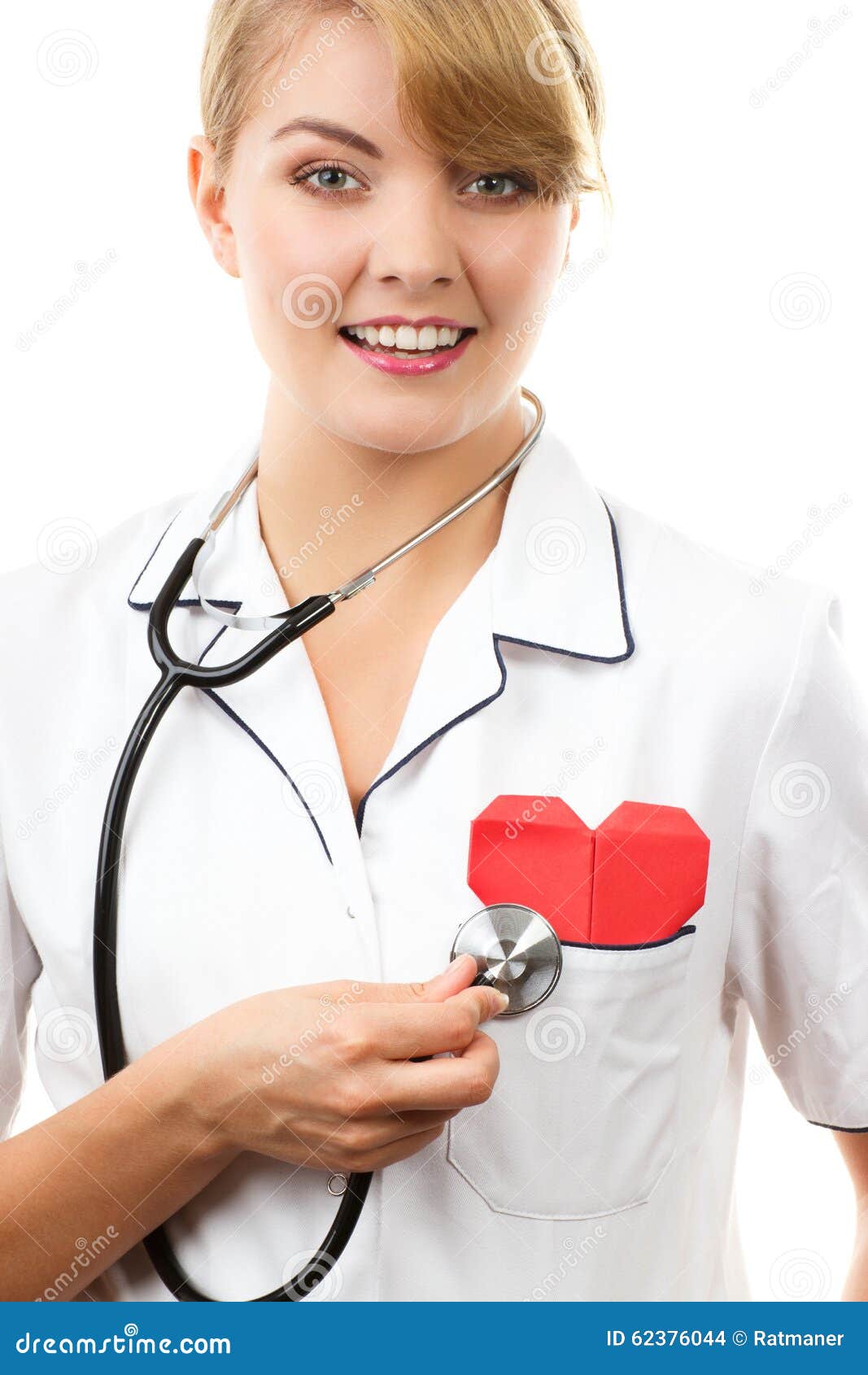 Woman Doctor With Stethoscope Examining Red Heart Healthcare Concept