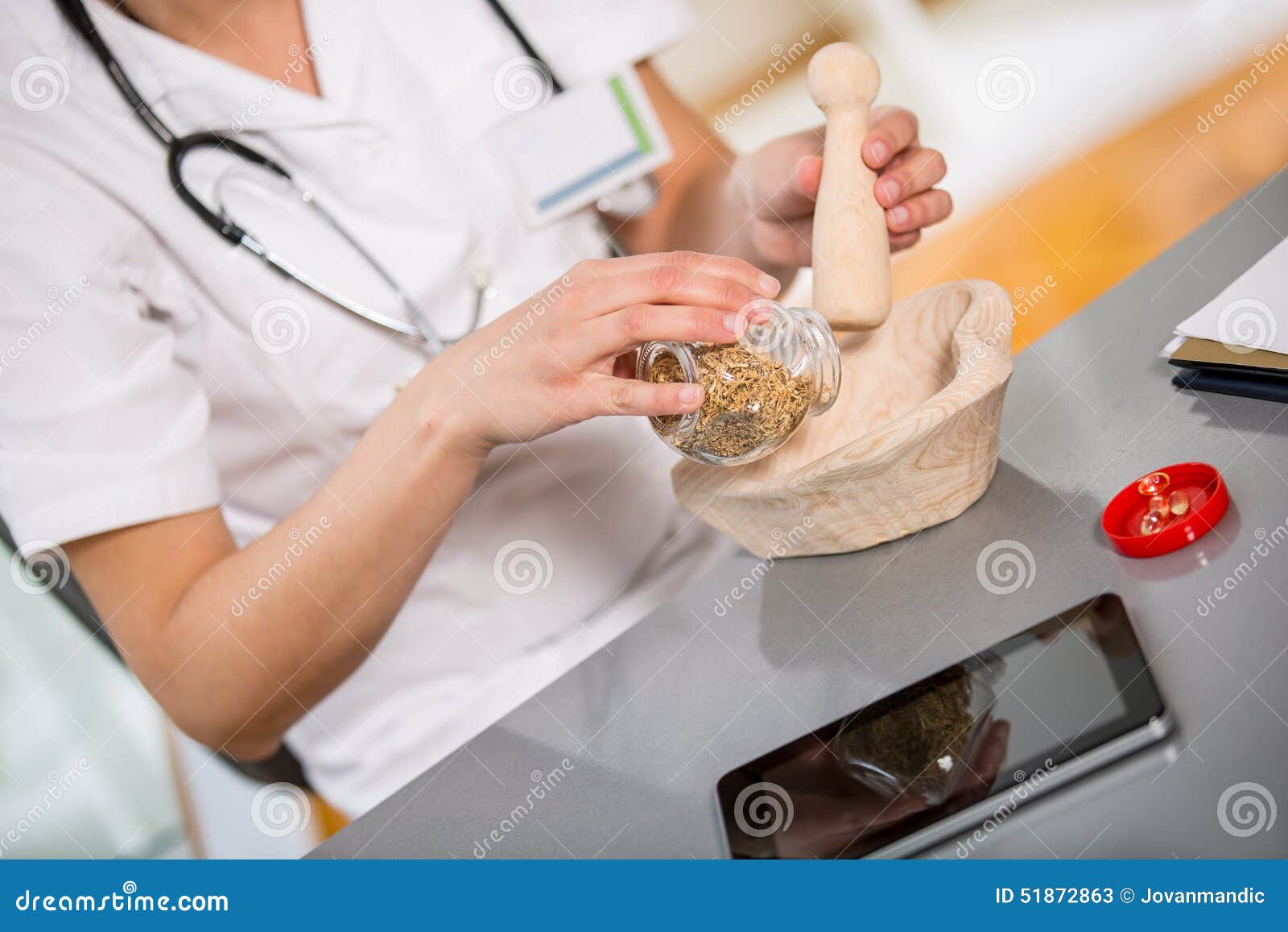 Woman Doctor Using a Mortar and Pestle Stock Image - Image of container ...
