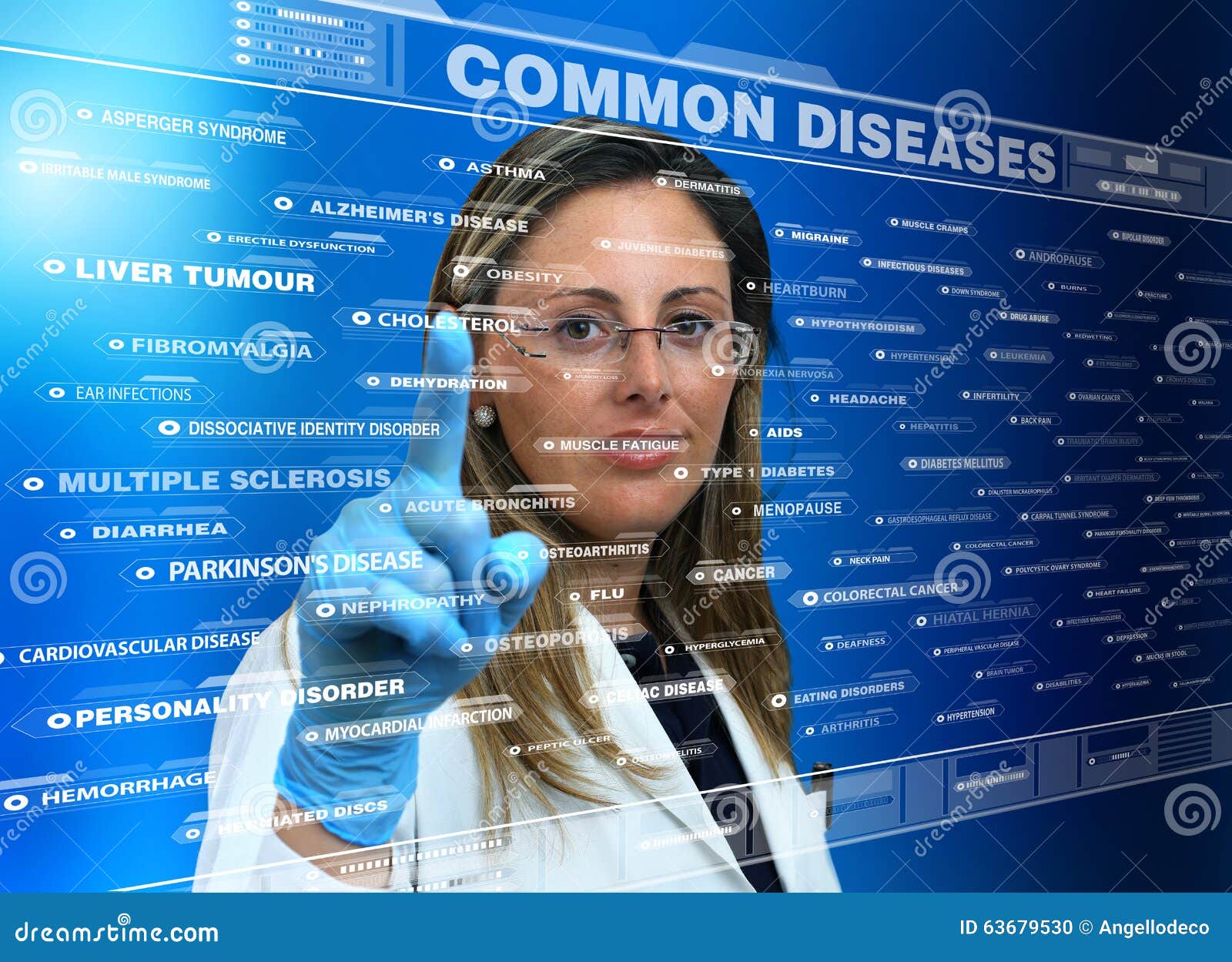 Woman Doctor Using a Virtual Touch Screen Interface with a List Stock ...