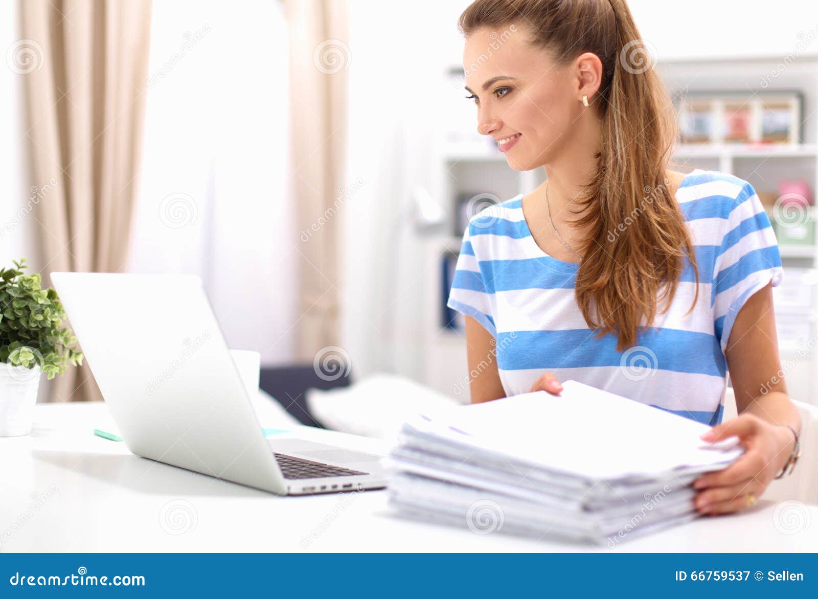 Woman with Documents Sitting on the Desk Stock Image - Image of laptop ...