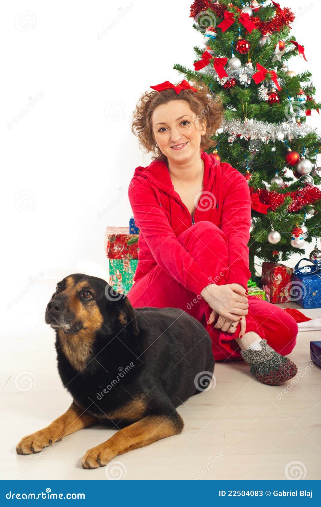 Woman with Dog by Christmas Tree Stock Image - Image of green, pajamas ...