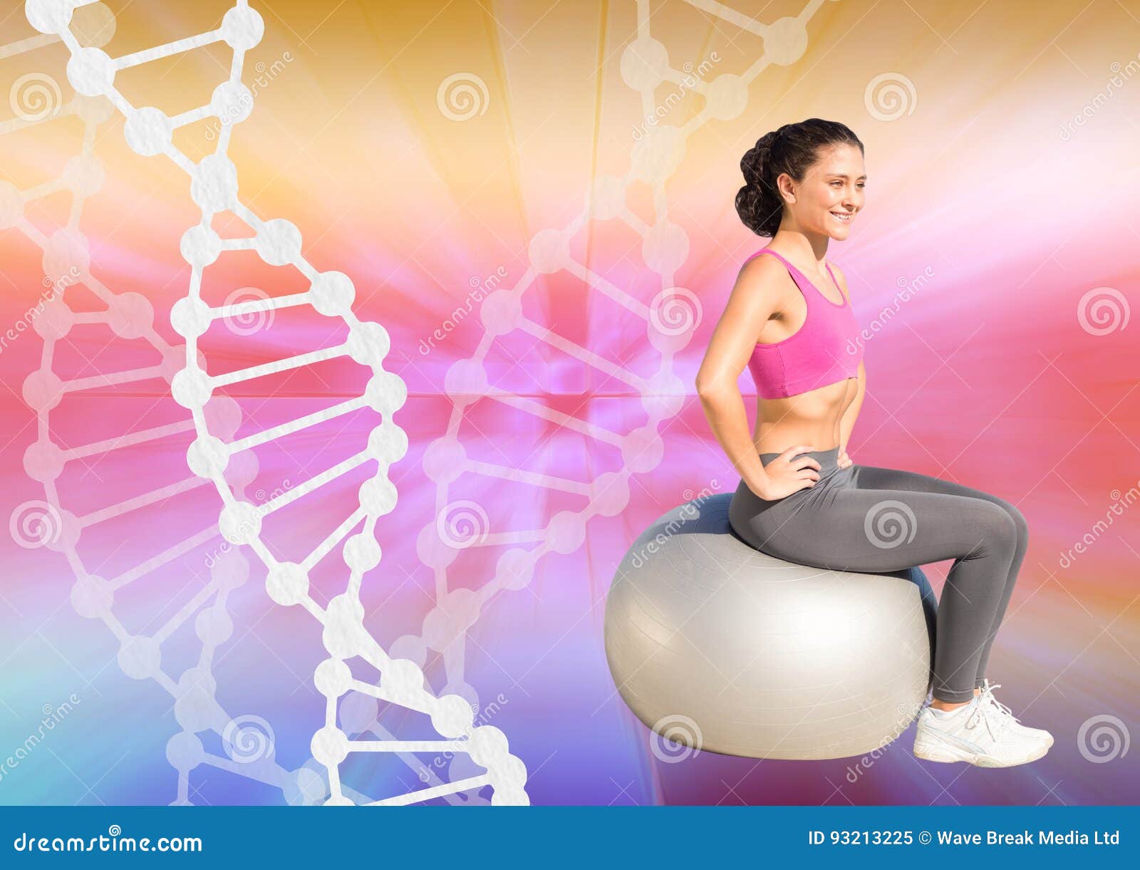 Woman Doing Exercise with a Ball and Dna Chain and Colors Background ...