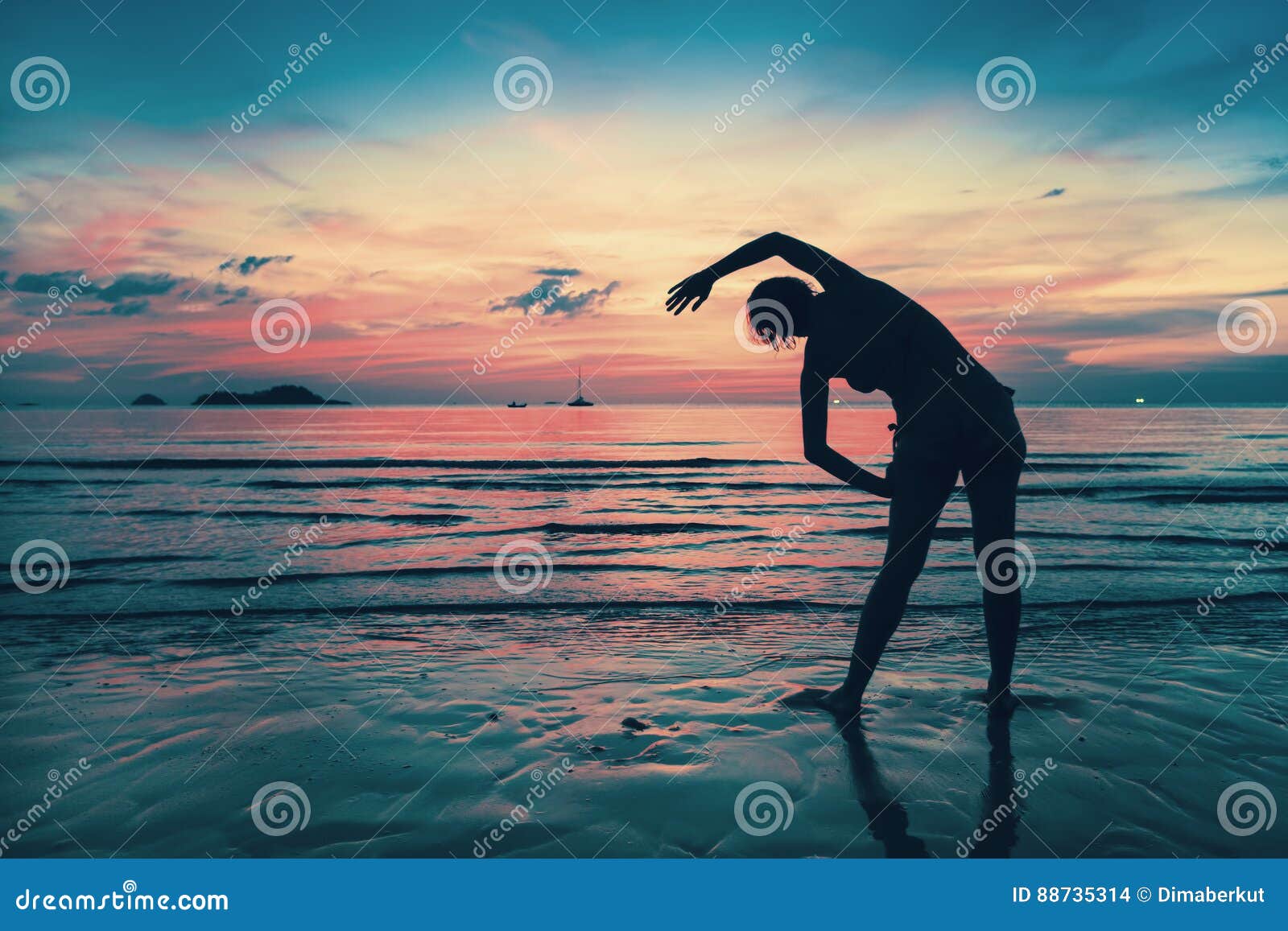 Woman Doing Exercises on the Beach during Sunset. Stock Photo - Image ...