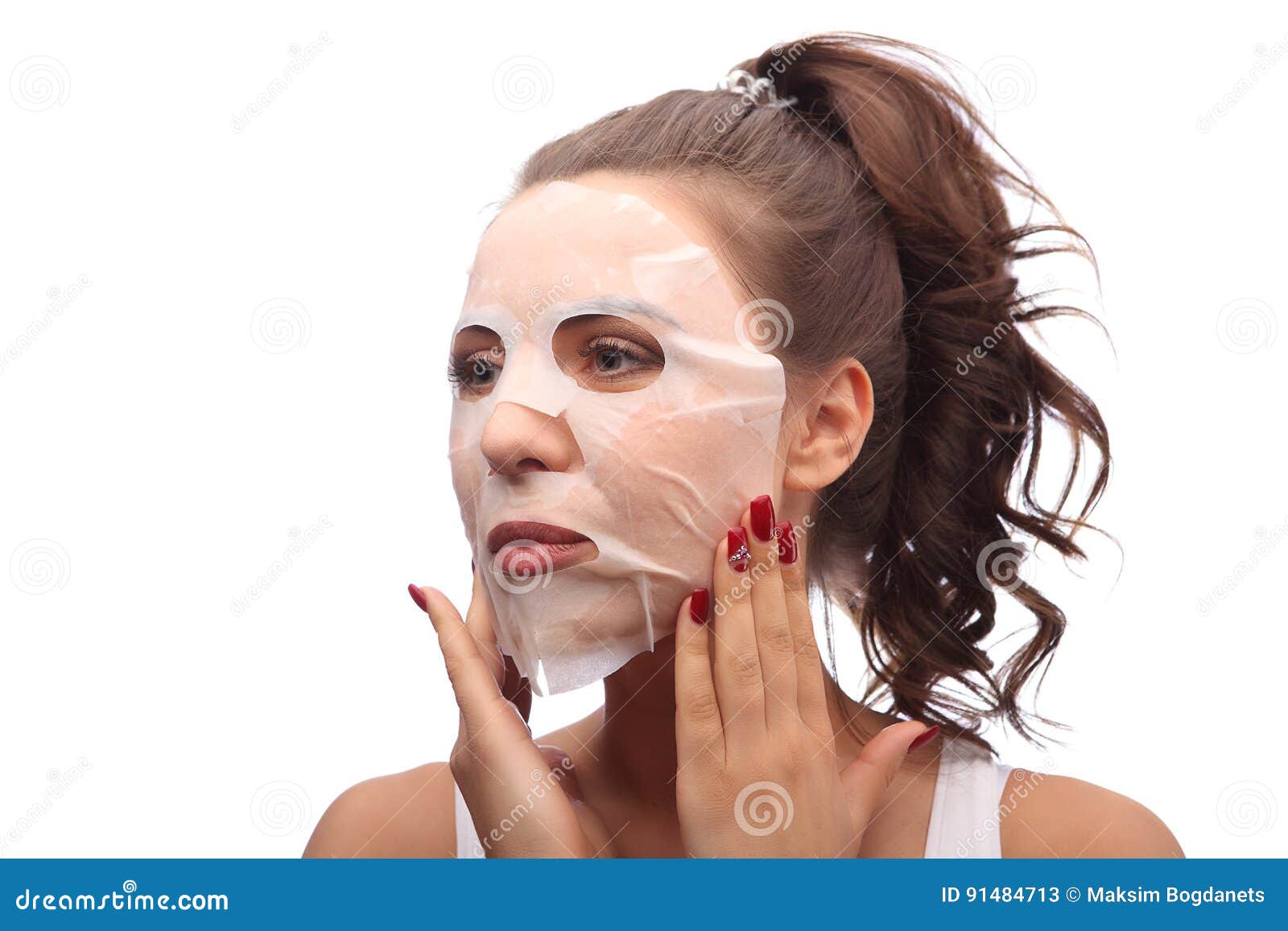 Woman Doing Facial Mask Sheet Beauty And Skin Care Concept Girl